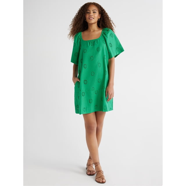 Free Assembly Women's Square Neck Eyelet Mini Dress with Short Sleeves ...