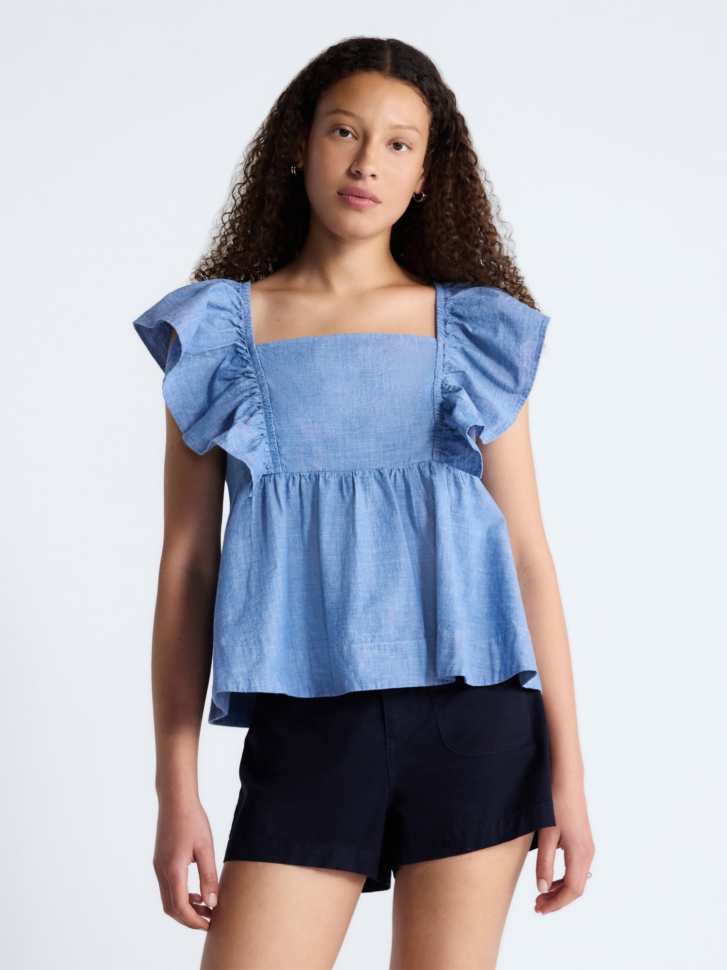 Free Assembly Women's Square Neck Cotton Top with Flutter Sleeves ...