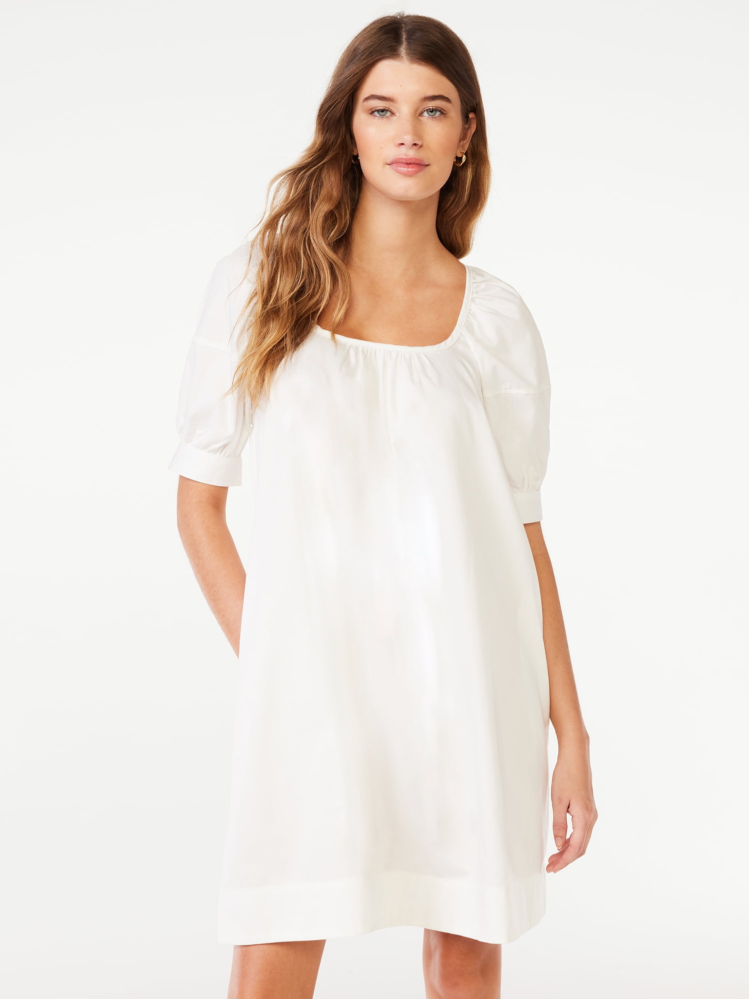 Free Assembly Women’s Square Neck Mini Dress with Puff Sleeves, Sizes ...