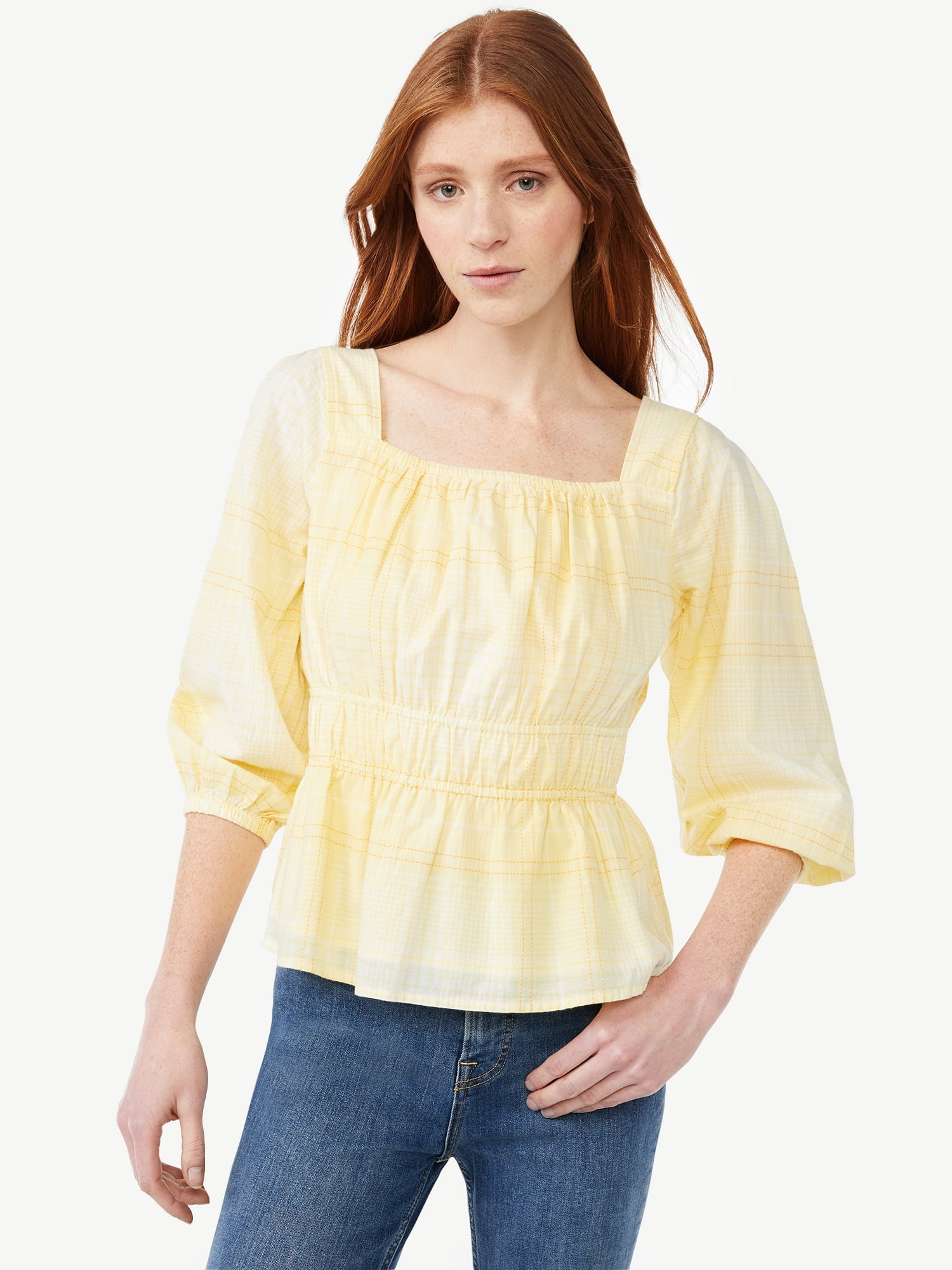 Free Assembly Women's Square Neck Top with Blouson Sleeves - Walmart.com