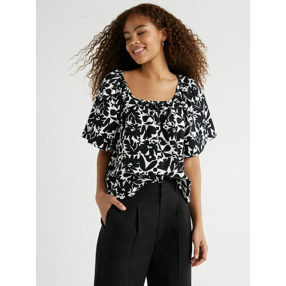 Free Assembly women's Square Neck Top Short Sleeve - Walmart.com