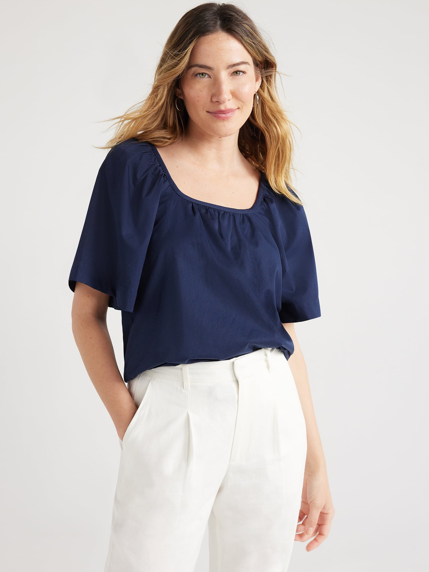 Free Assembly Women’s Square Neck Top with Short Sleeves, Sizes XS-XXL ...