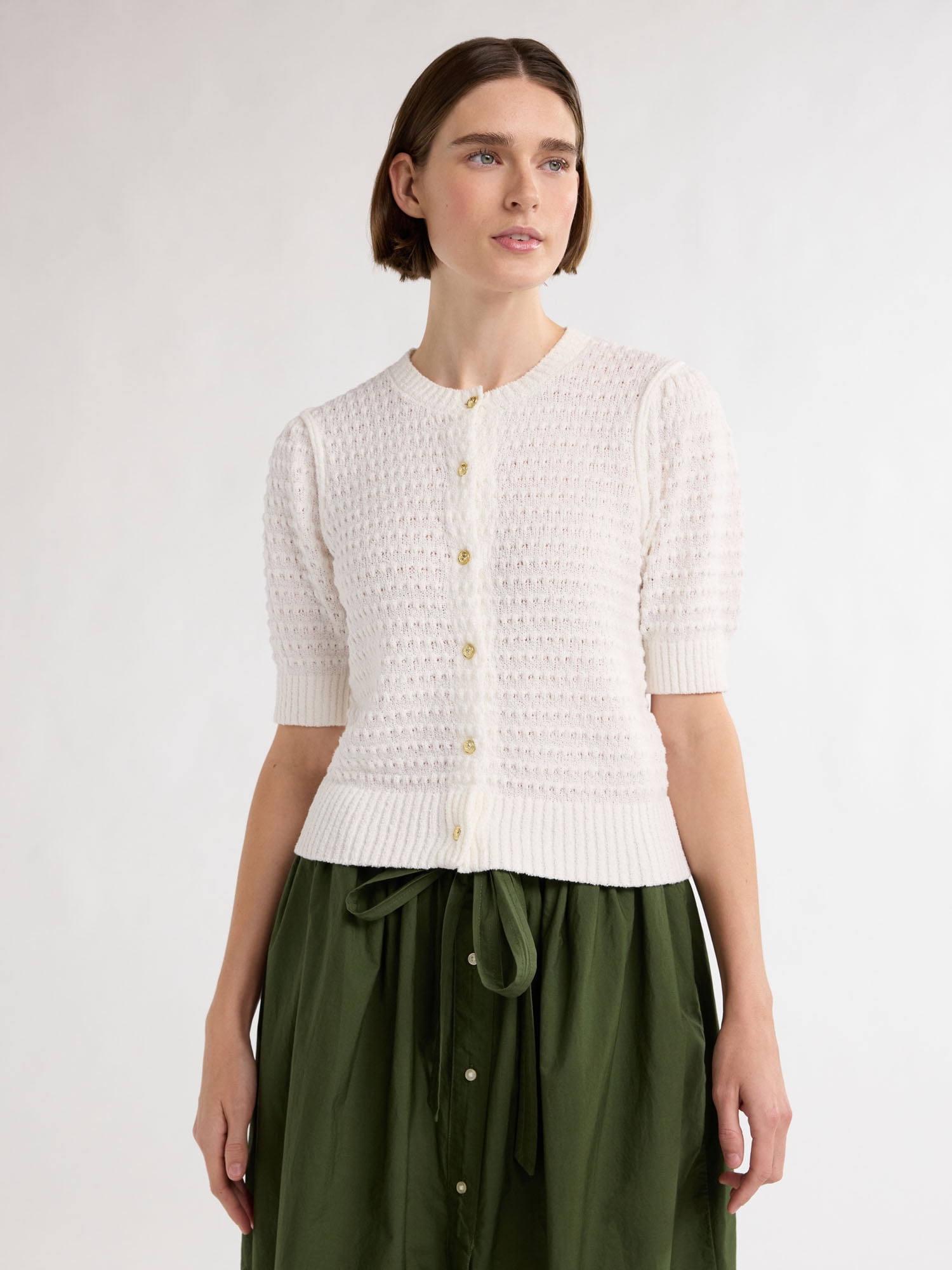 Free Assembly Women’s Textured Cardigan Sweater with Short Puff Sleeves ...