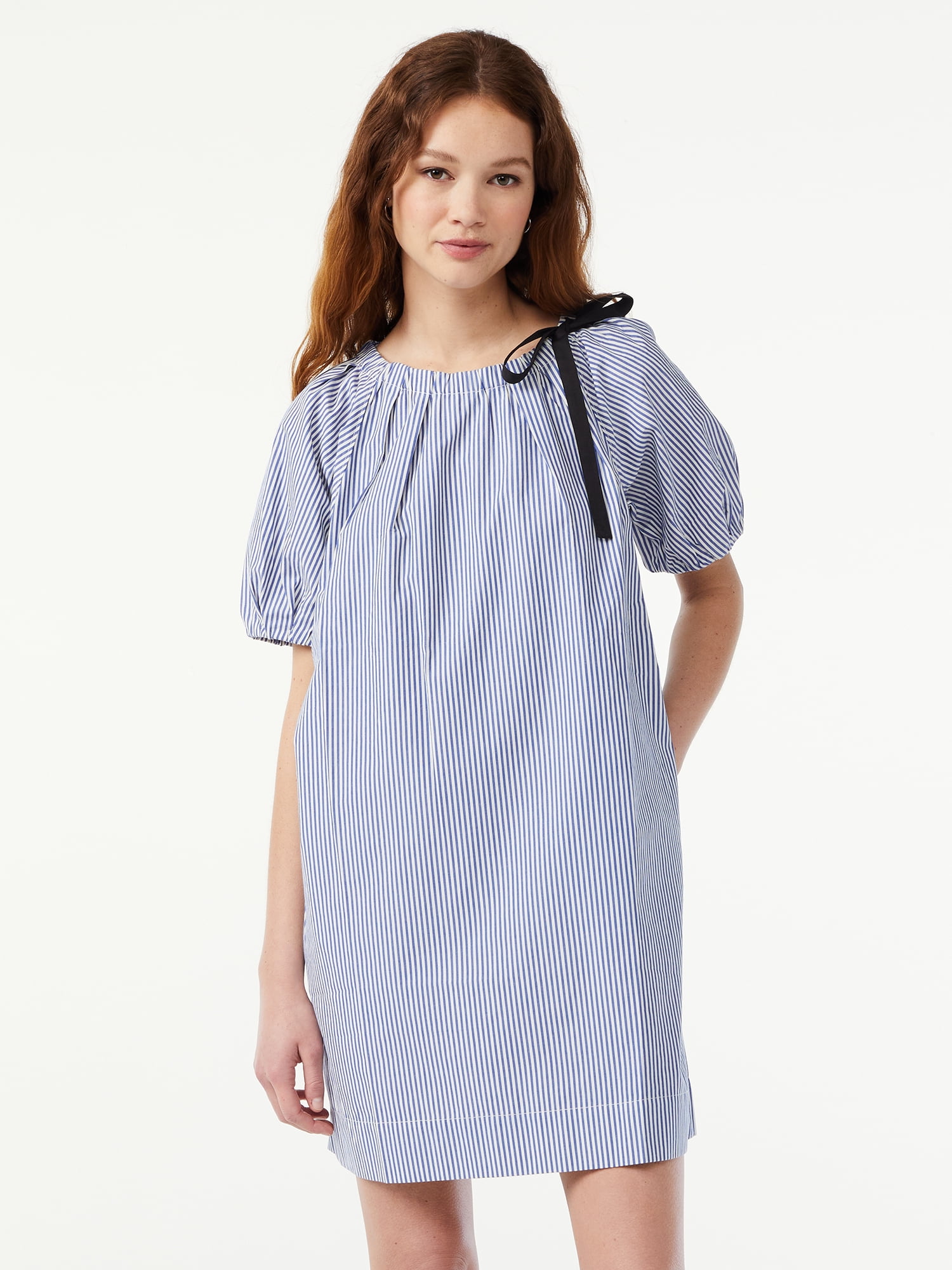 Free Assembly Women's Tie Neck Blouson Dress with Short Sleeves ...