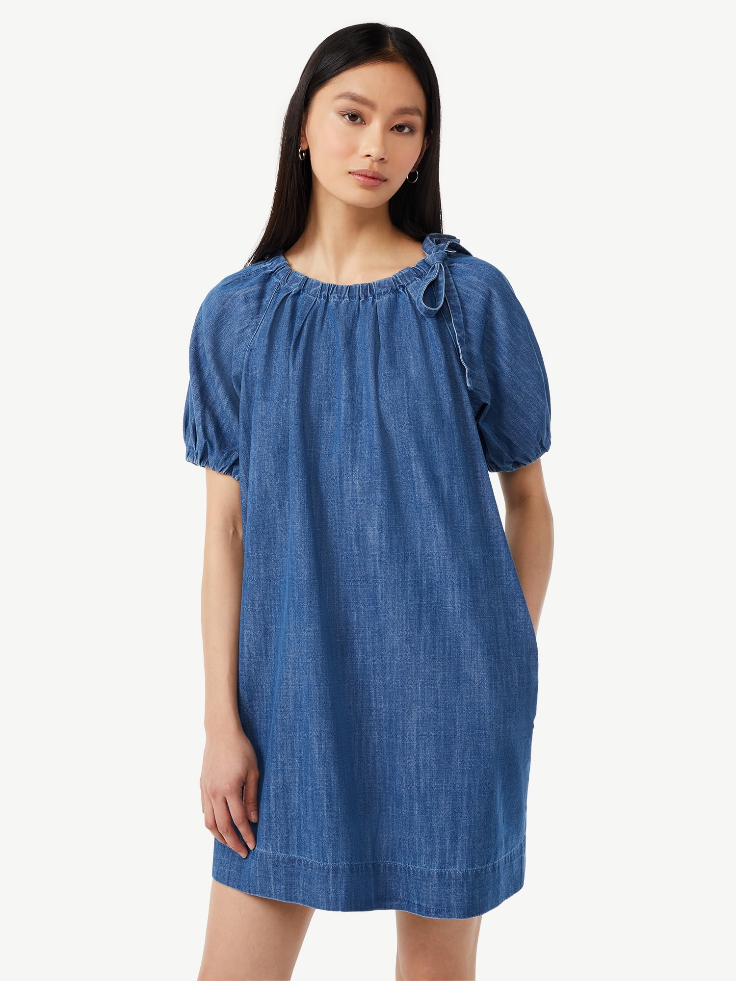 Free Assembly Women's Tie Neck Blouson Dress with Short Sleeves ...