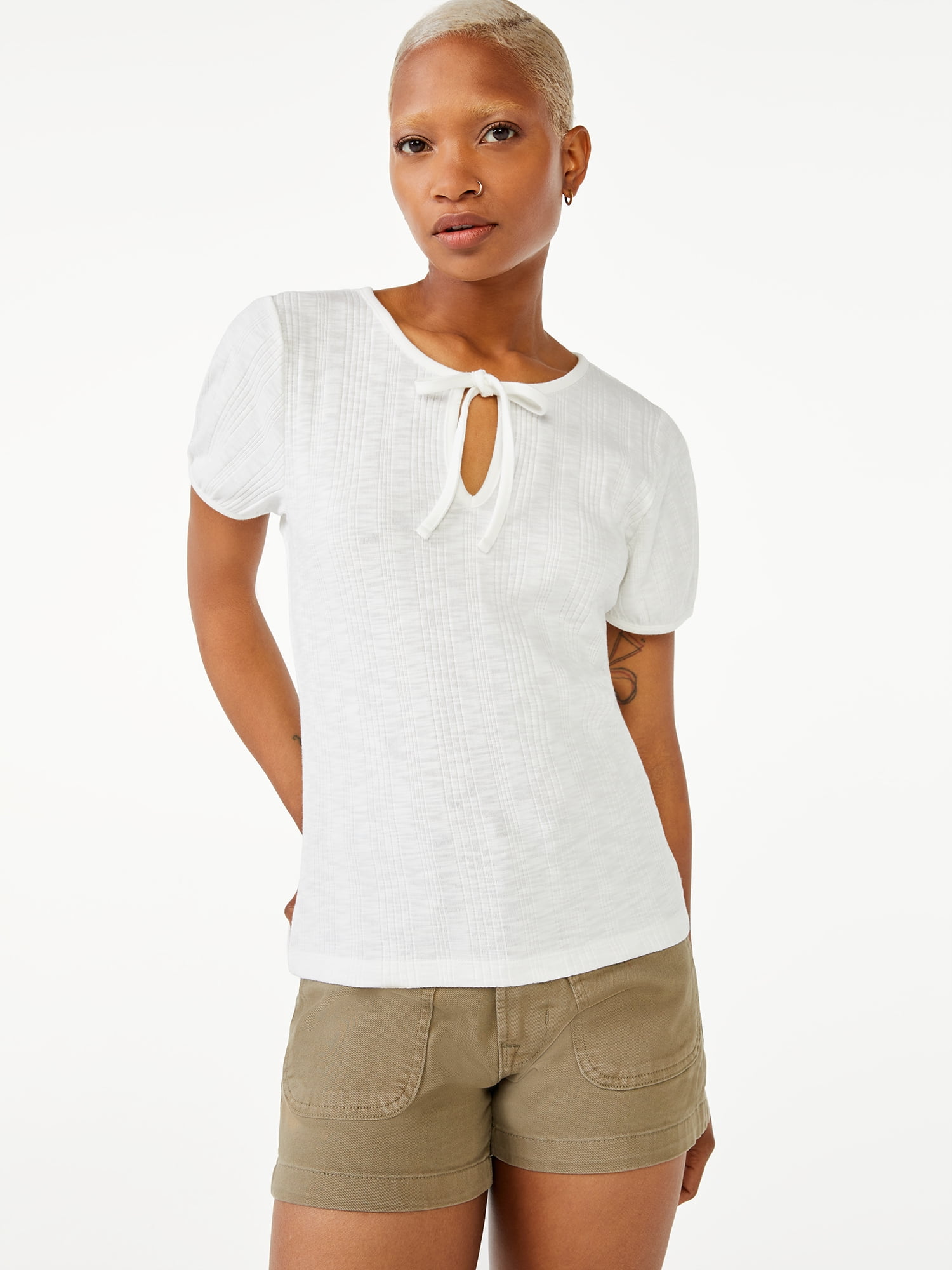 Free Assembly Women's Tie Neck Top with Puff Sleeves - Walmart.com