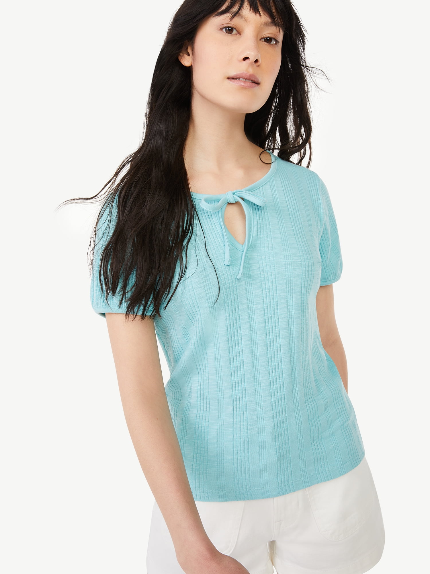 Free Assembly Women's Tie Neck Top with Puff Sleeves - Walmart.com