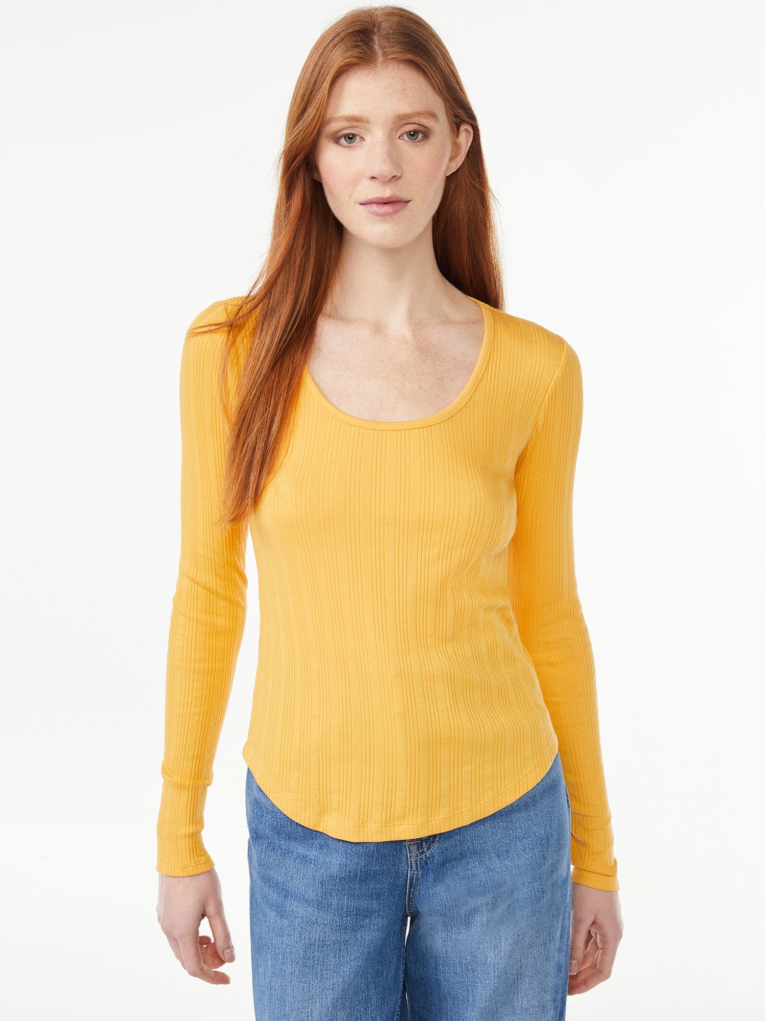 Free Assembly Women's U-Neck Novelty Rib Tee with Long Sleeves ...
