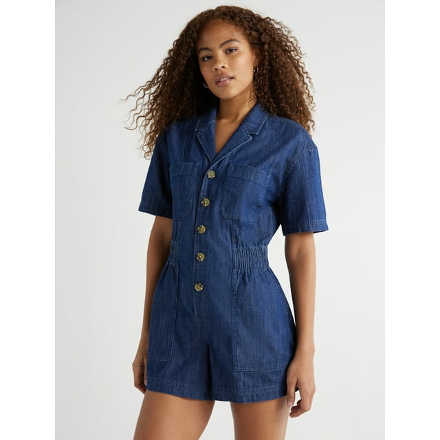 Free Assembly Women’s Utility Romper with Short Sleeves, 4.5” Inseam ...