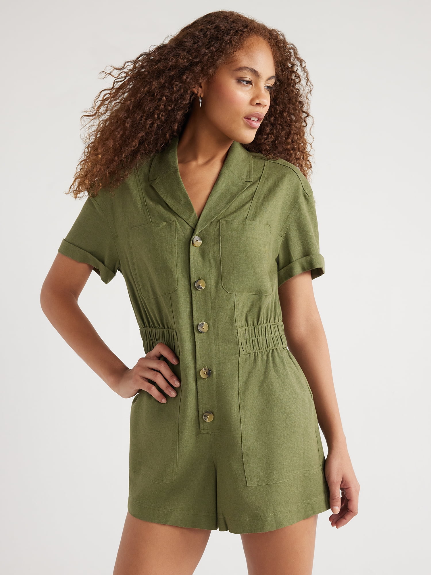 Free Assembly Women’s Utility Romper with Short Sleeves, 4.5” Inseam ...