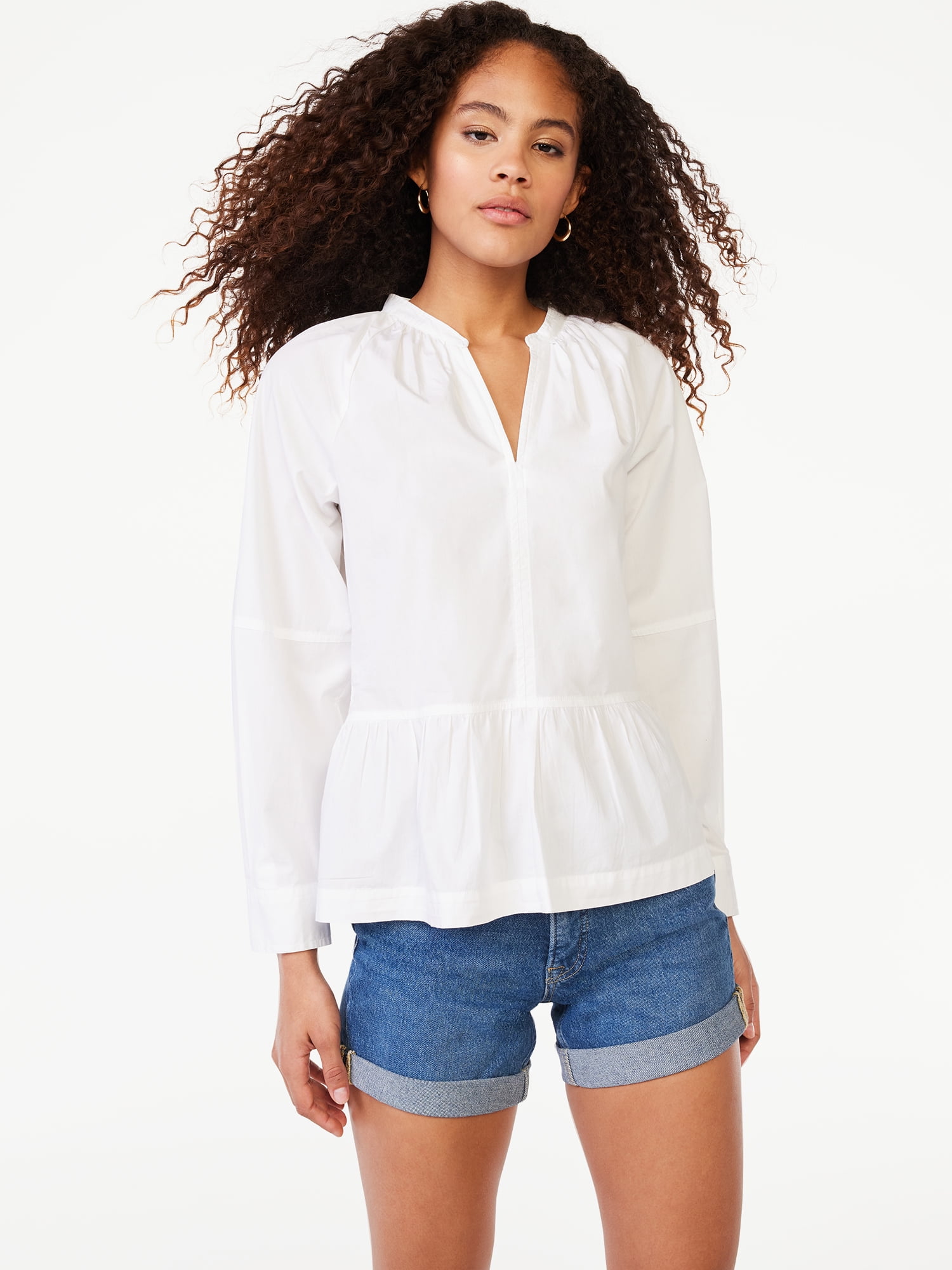 Free Assembly Women's V-Neck Peplum Top with Long Sleeves, Sizes XS ...