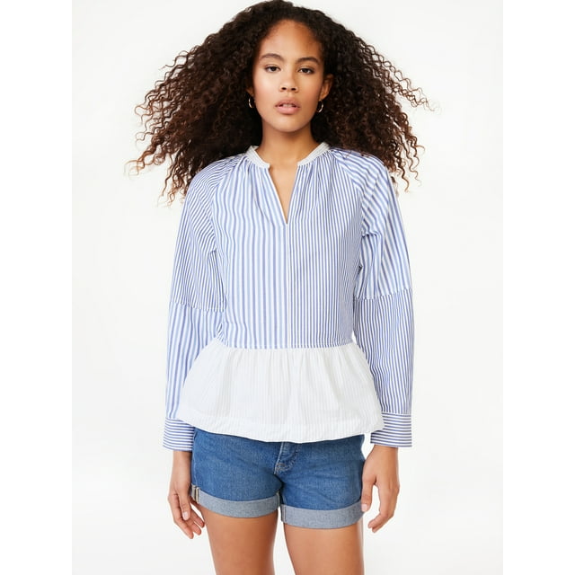 Free Assembly Women's V-Neck Peplum Top with Long Sleeves, Sizes XS ...