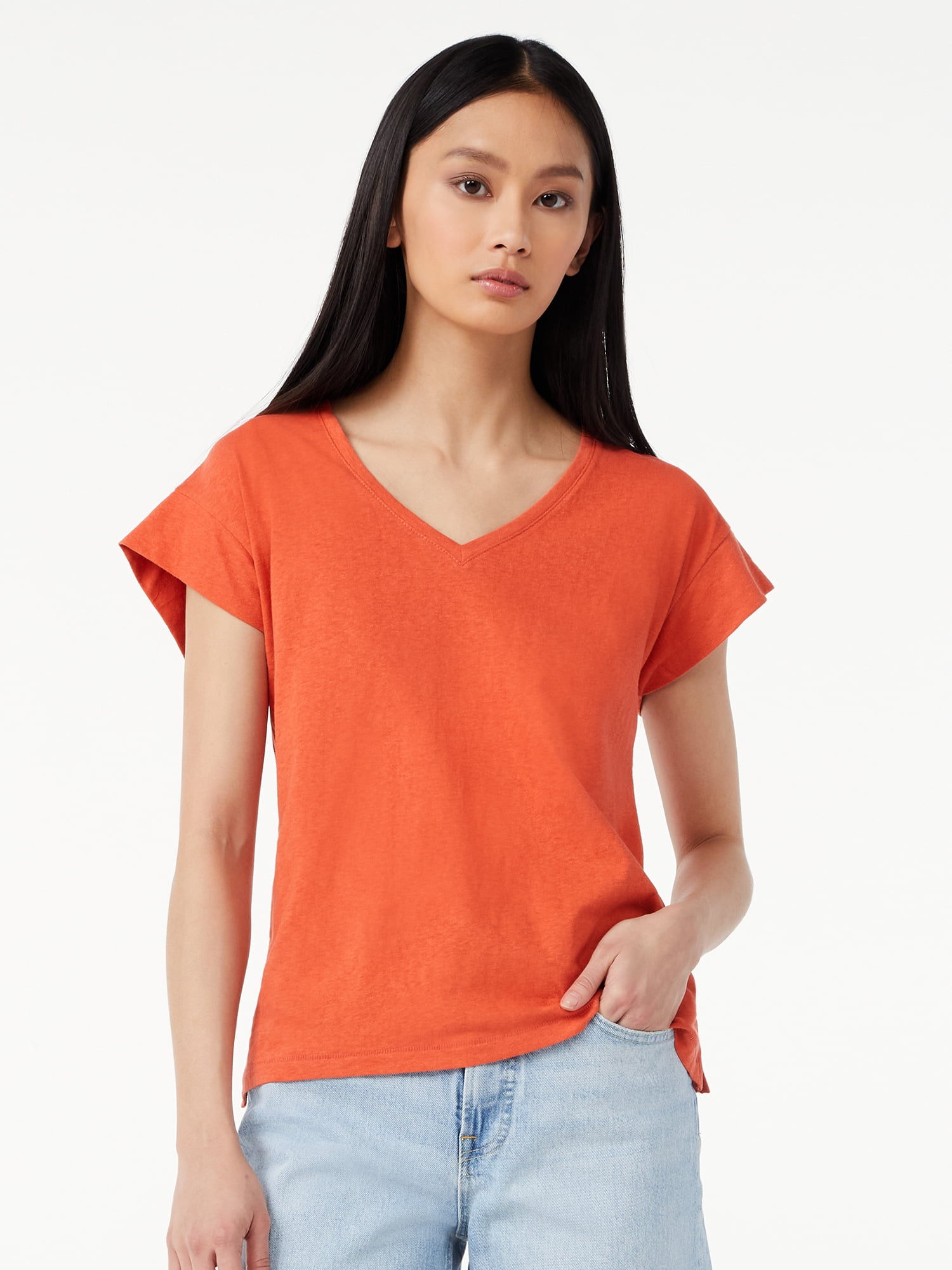 Free Assembly Women's V-Neck Tee with Square Sleeves - Walmart.com