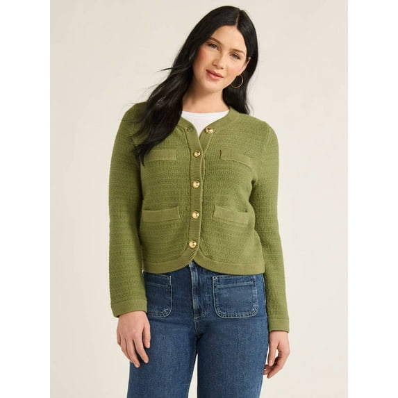 Free Assembly Women's Lightweight Cardigan Sweater, Ribbed Button Front ...