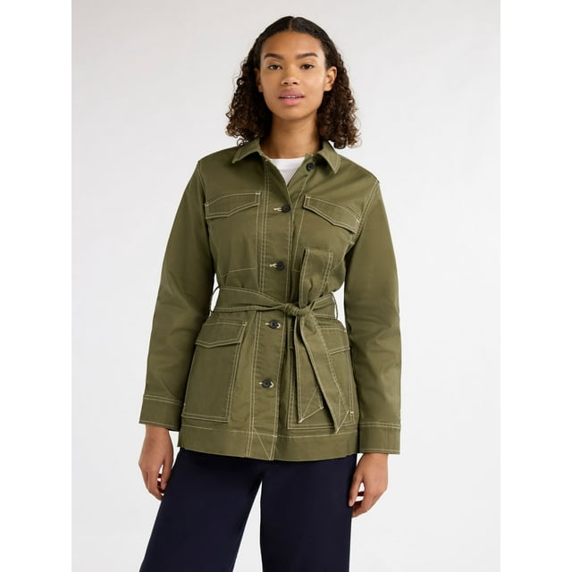 Free Assembly Women’s and Women's Plus Belted Cotton Utility Jacket ...