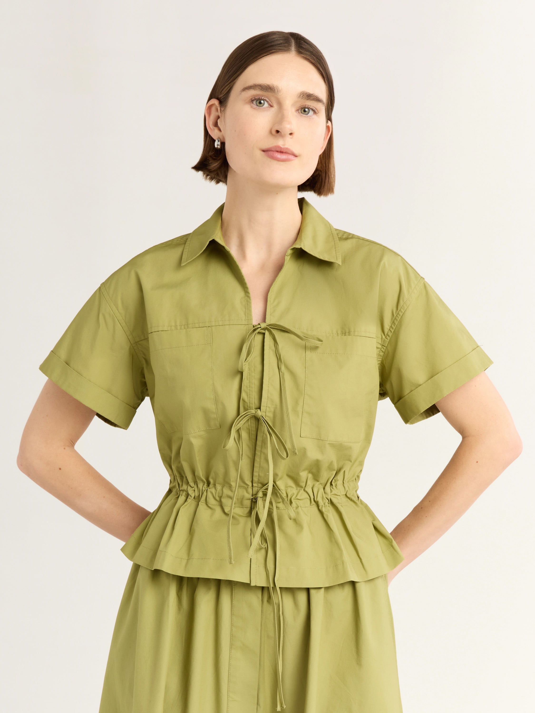 Free Assembly Women's Bow Front Utility Blouse, Cotton, Short Sleeves ...