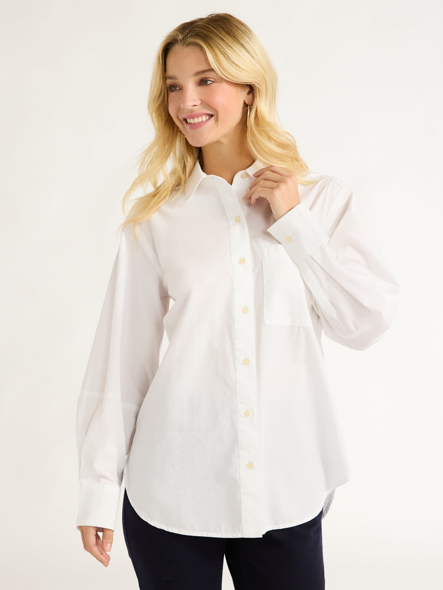Free Assembly Women’s and Women's Plus Button Front Boxy Cotton Tunic ...