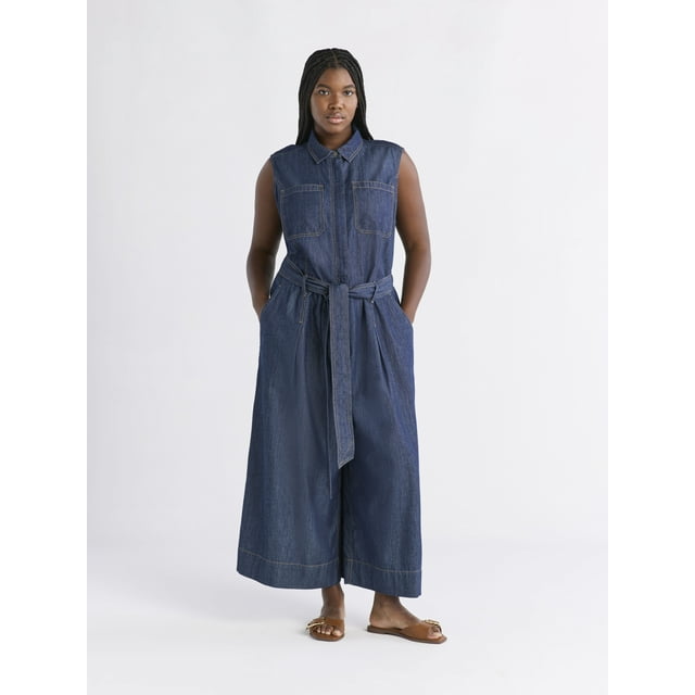 Free Assembly Women's and Women's Plus Chambray Wide Leg Cropped Jumpsuit, Sizes XS-4X - Walmart.com