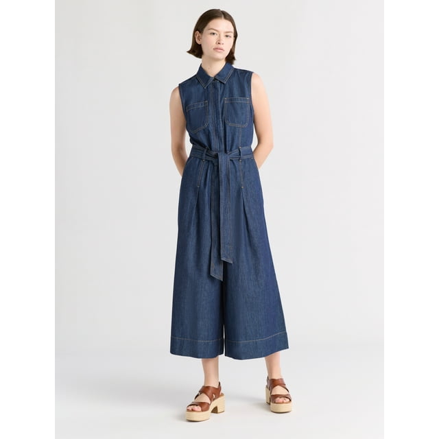 Free Assembly Women's and Women's Plus Chambray Wide Leg Cropped ...