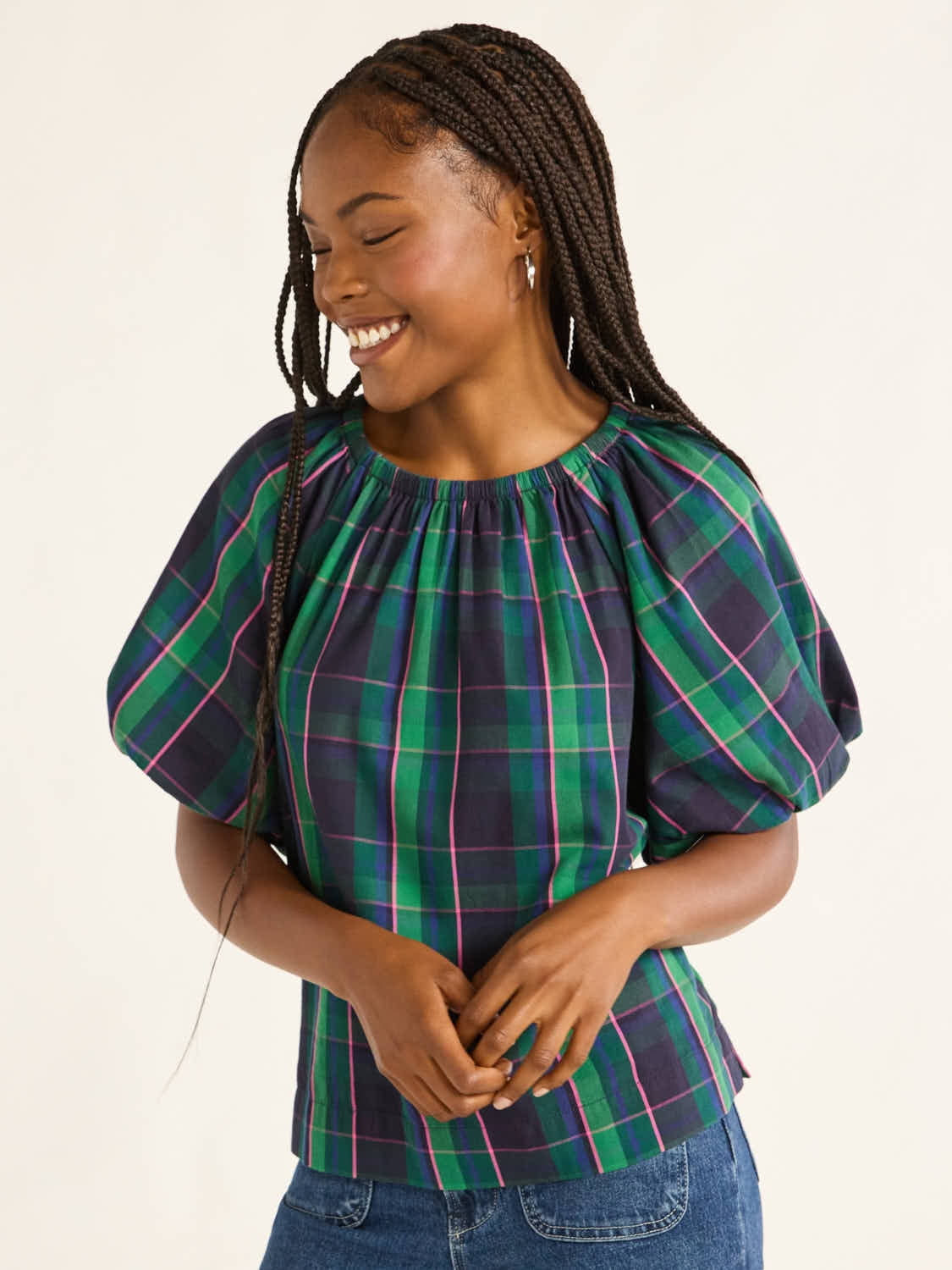 Free Assembly Women's Cotton Blouse with Short Puff Sleeves, Sizes XS ...