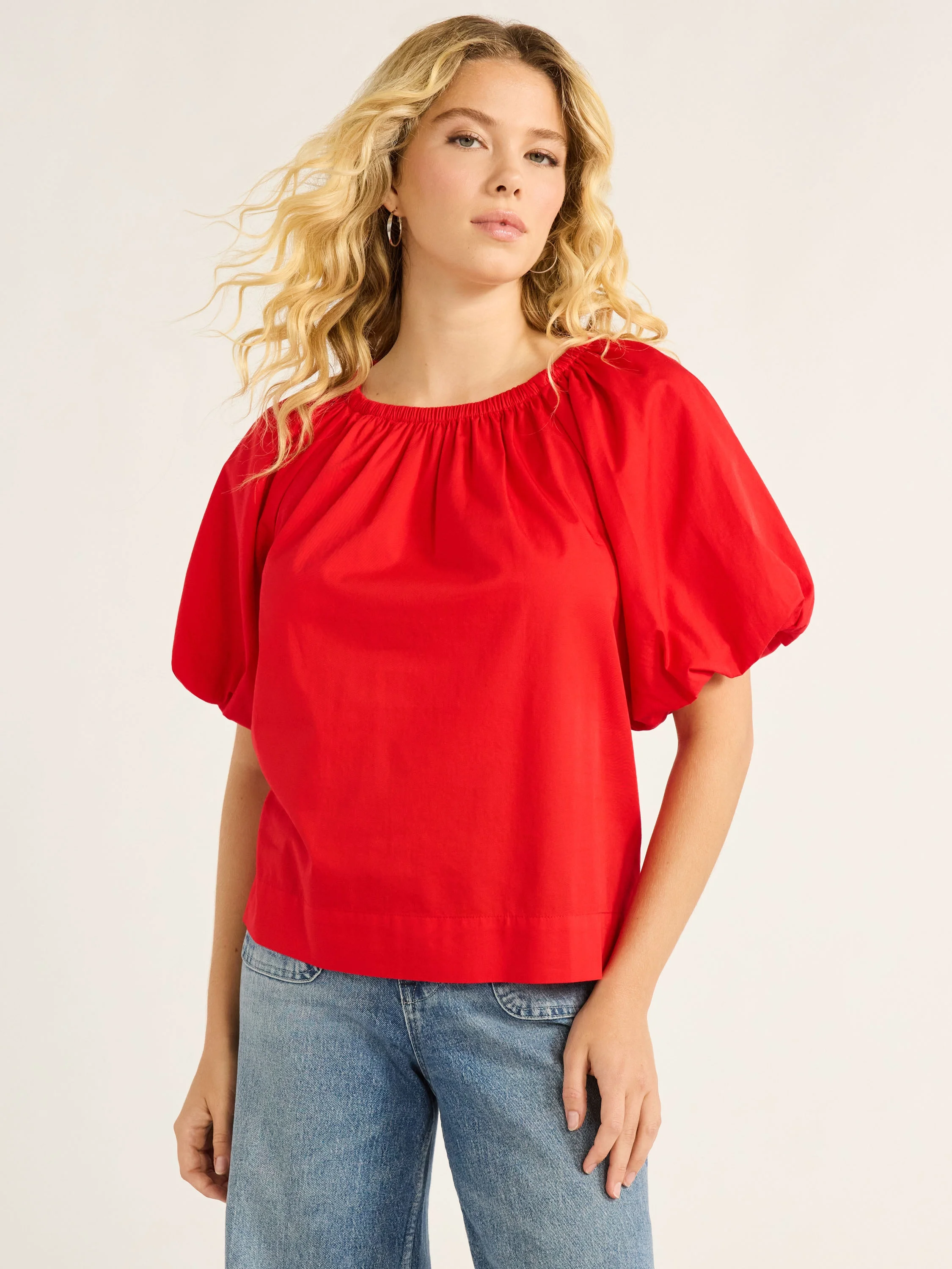 Free Assembly Women’s and Women's Plus Cotton Blouse with Short Puff ...