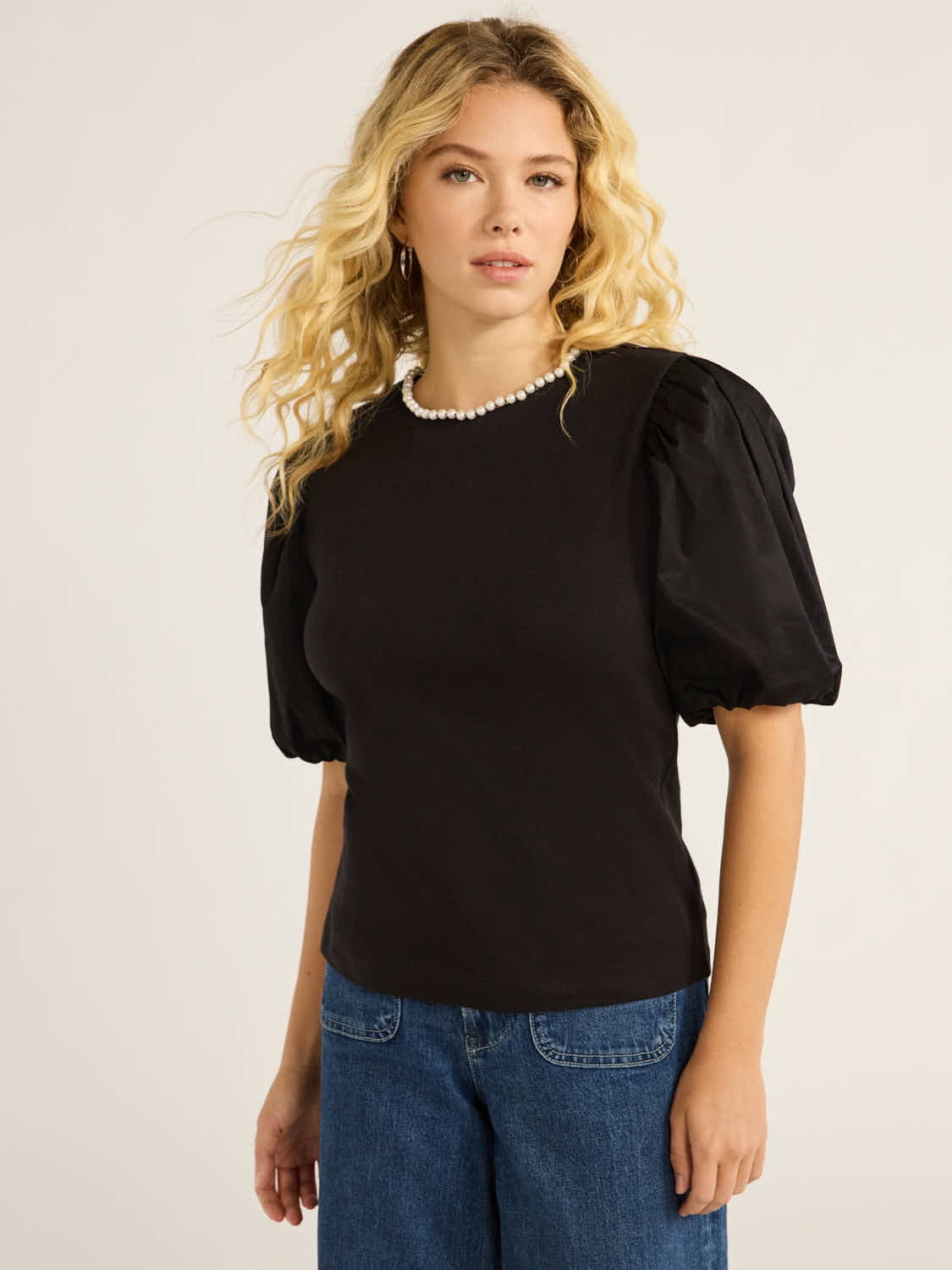 Free Assembly Women's Cotton Mixy Top with Beaded Trim and Puff Sleeves ...
