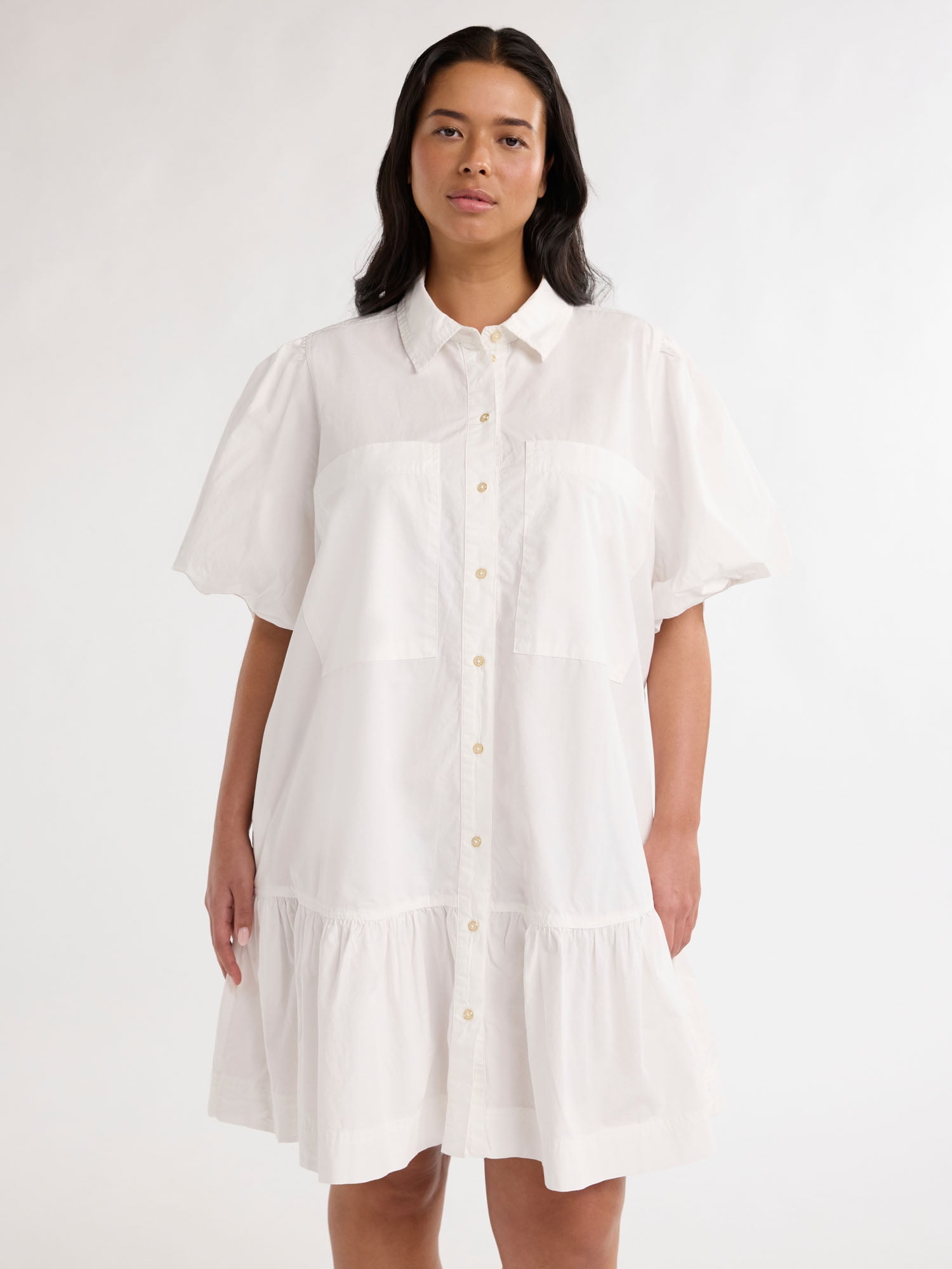 Free Assembly Women's Plus Cotton Ruffle Mini Dress with Puff Sleeves ...