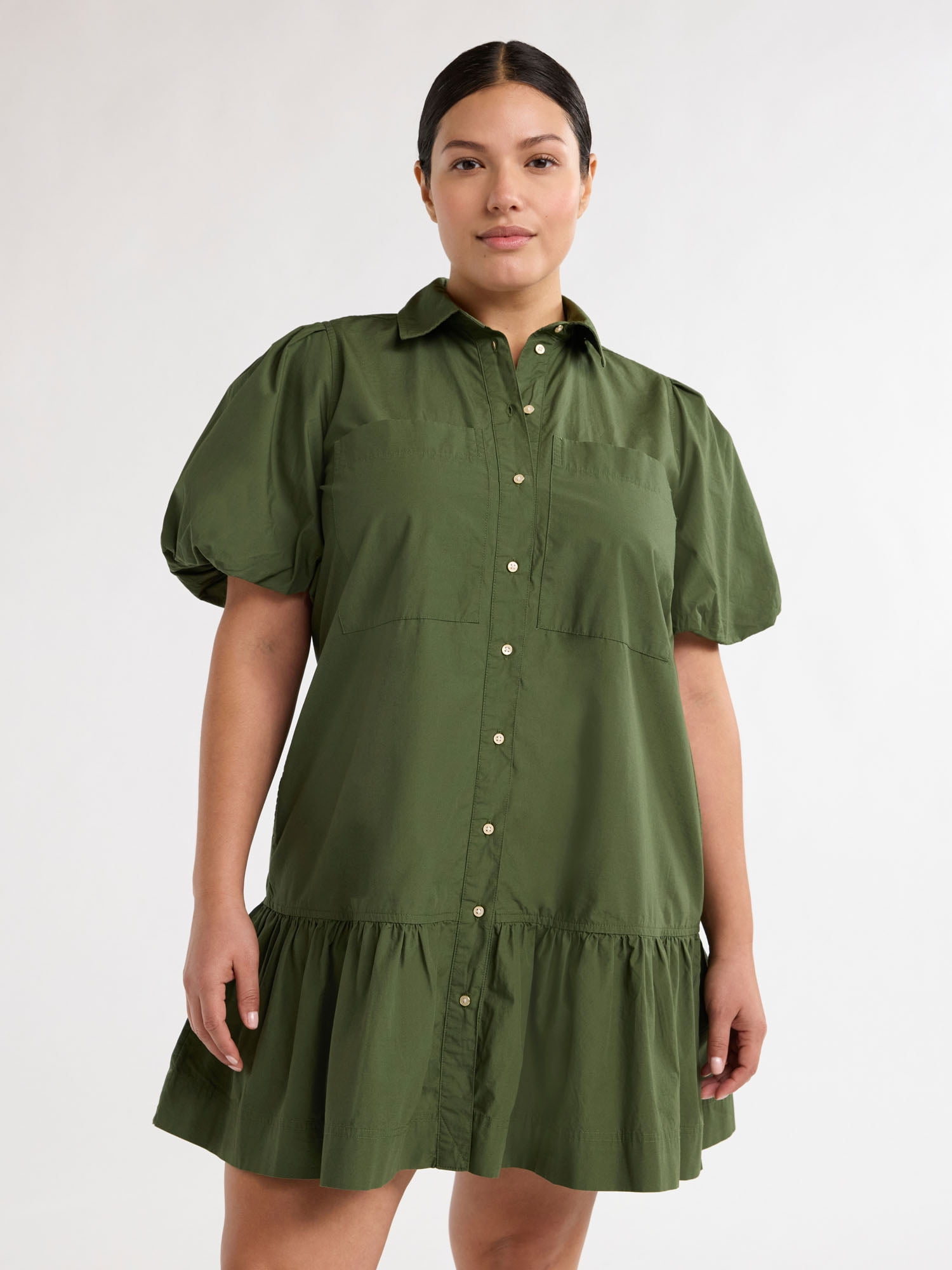 Free Assembly Women’s and Women's Plus Cotton Ruffle Mini Dress with ...