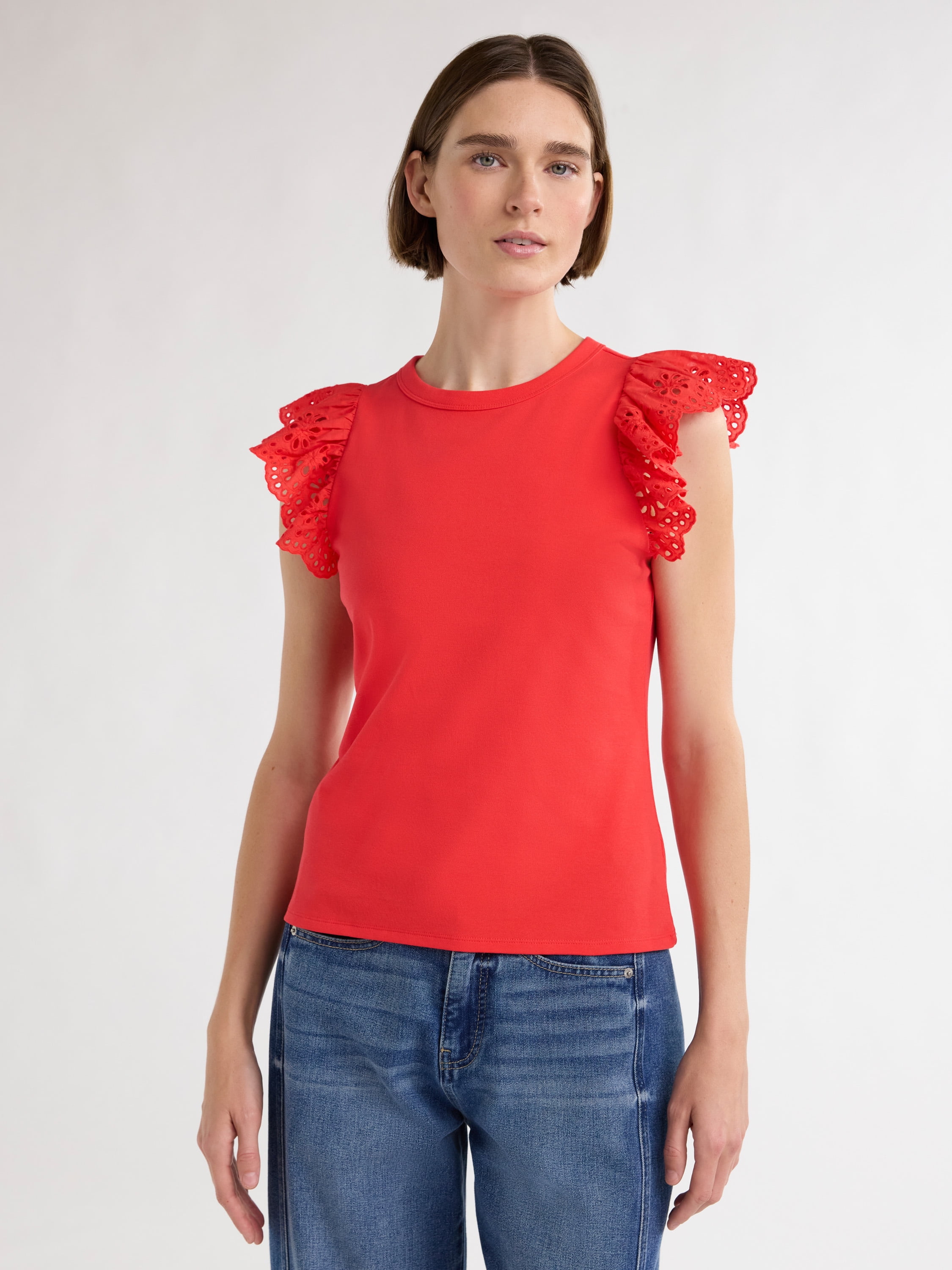 Free Assembly Eyelet Flutter Sleeve Tee - women's - Walmart.com