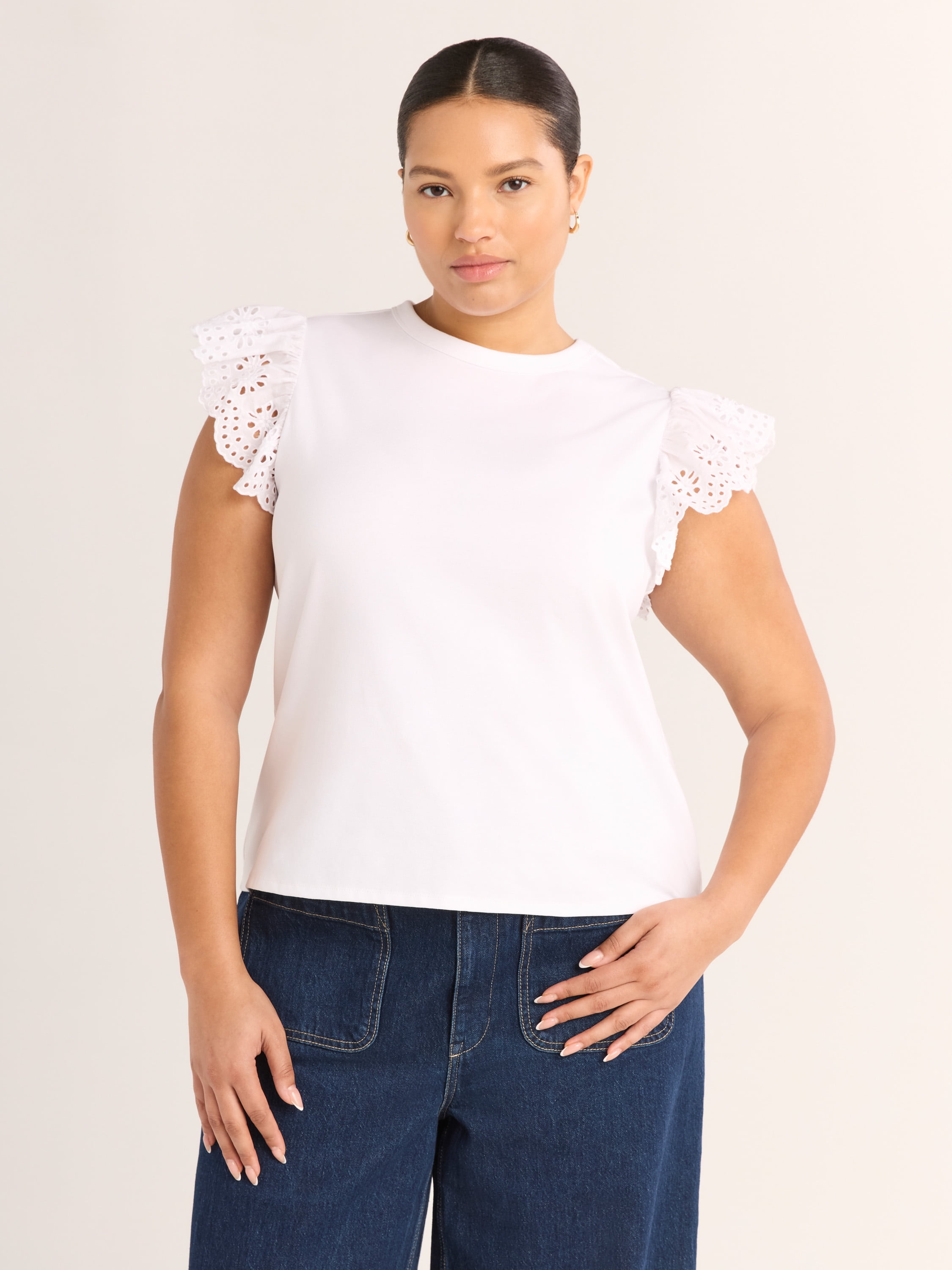 Free Assembly Women's and Women's Plus Eyelet Flutter Sleeve Tee, Sizes ...
