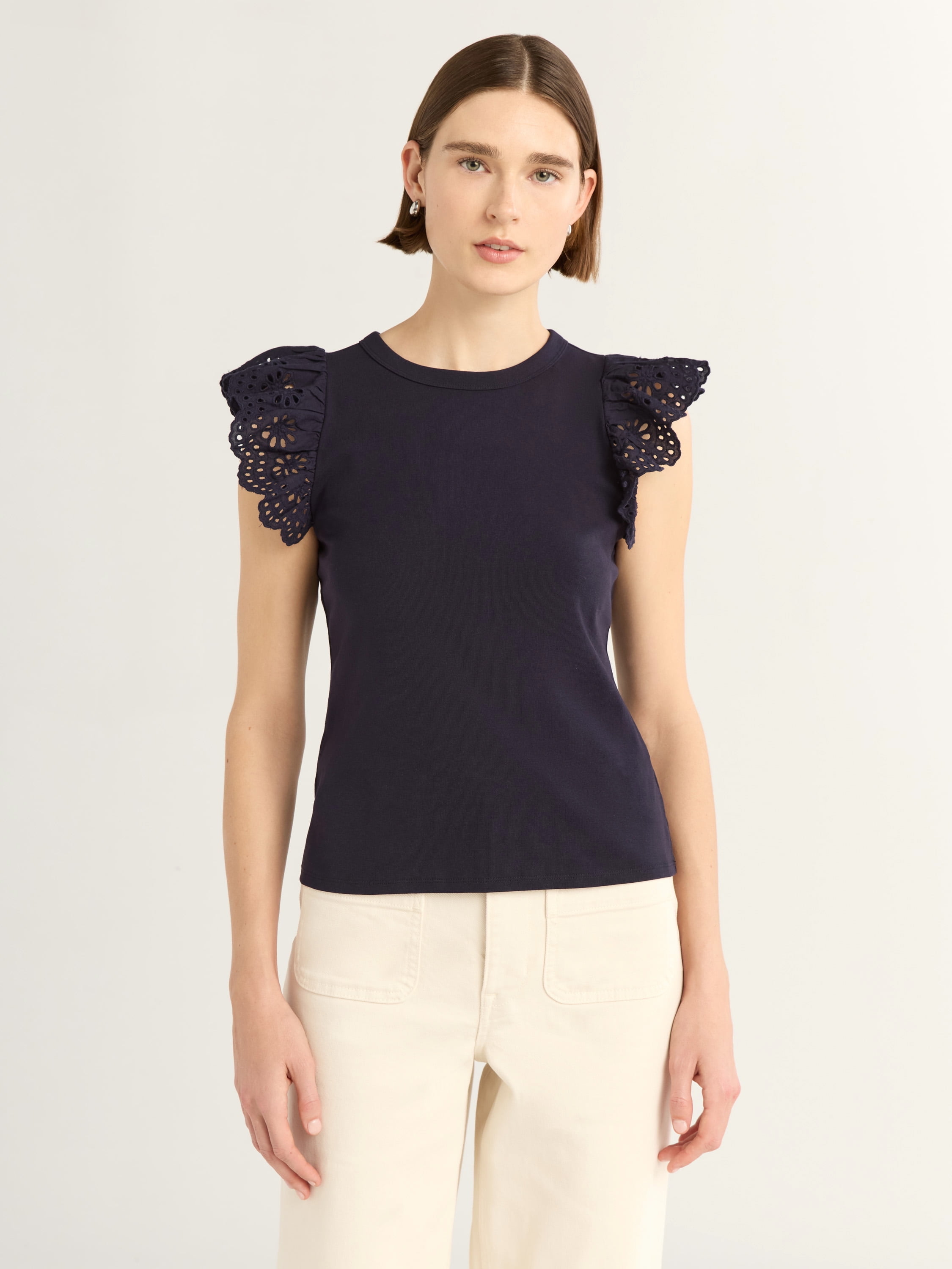 Free Assembly Eyelet Flutter Sleeve Tee - women's - Walmart.com