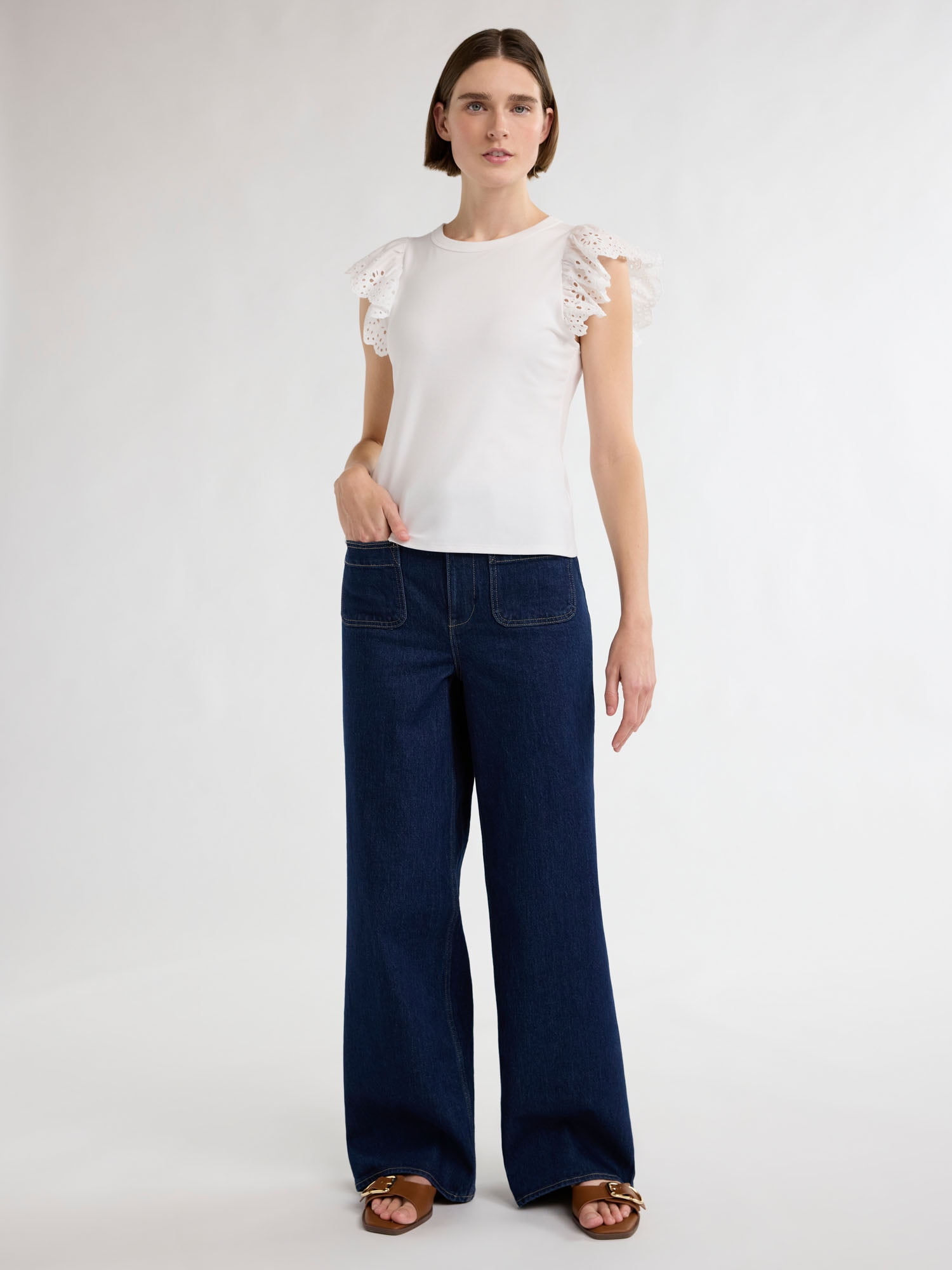 Free Assembly Women's Eyelet Flutter Sleeve Tee Sizes XS-4X, Soft ...