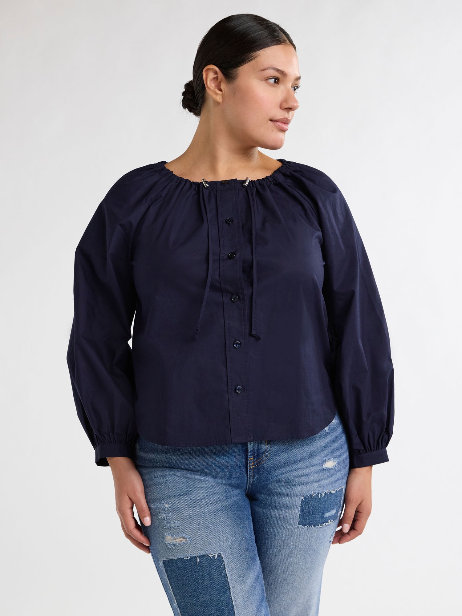 Free Assembly Women's and Women's Plus Gathered Neck Cotton Top with ...