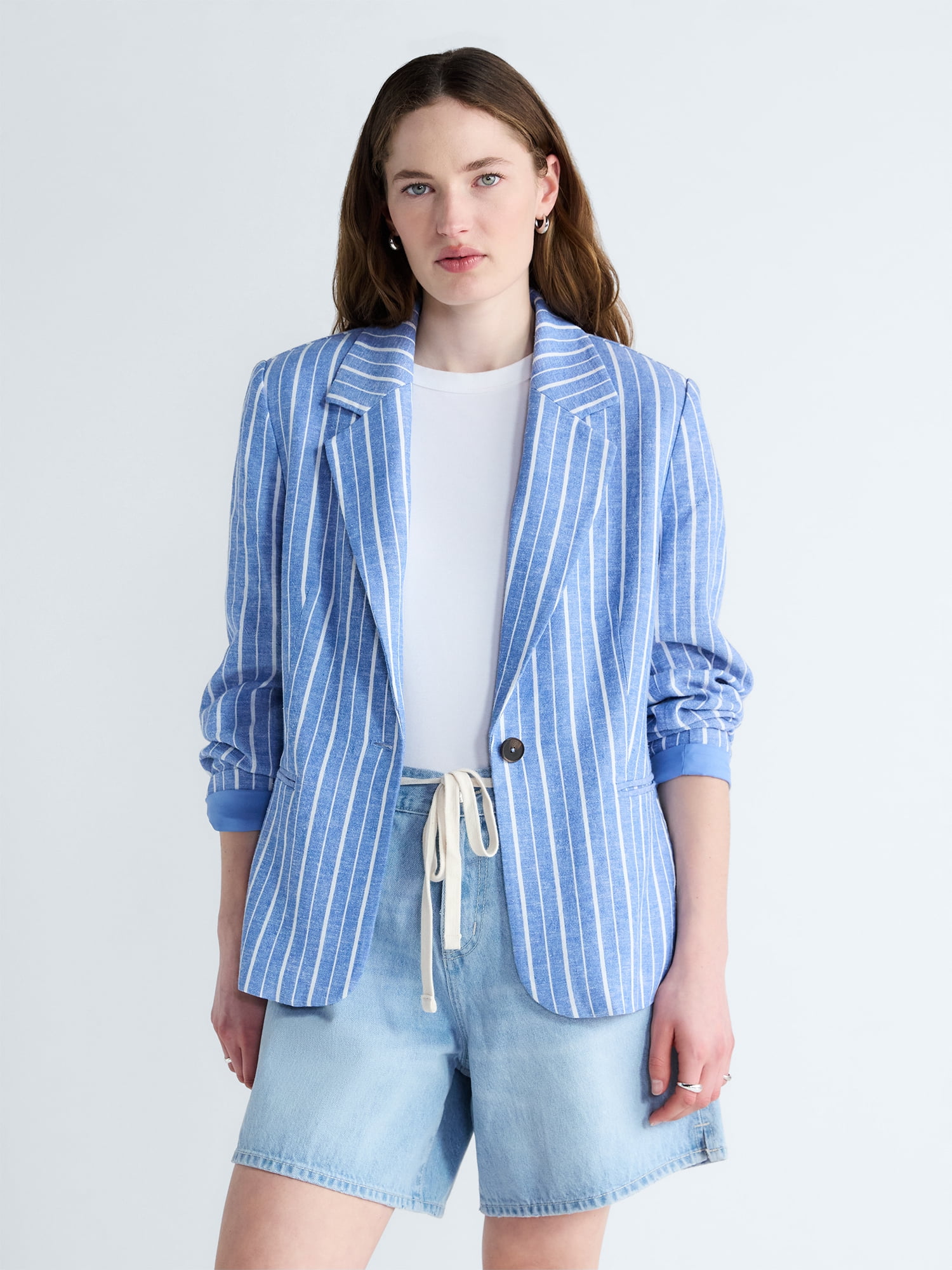 Free Assembly Women's and Women's Plus Linen-Blend Single Breasted ...