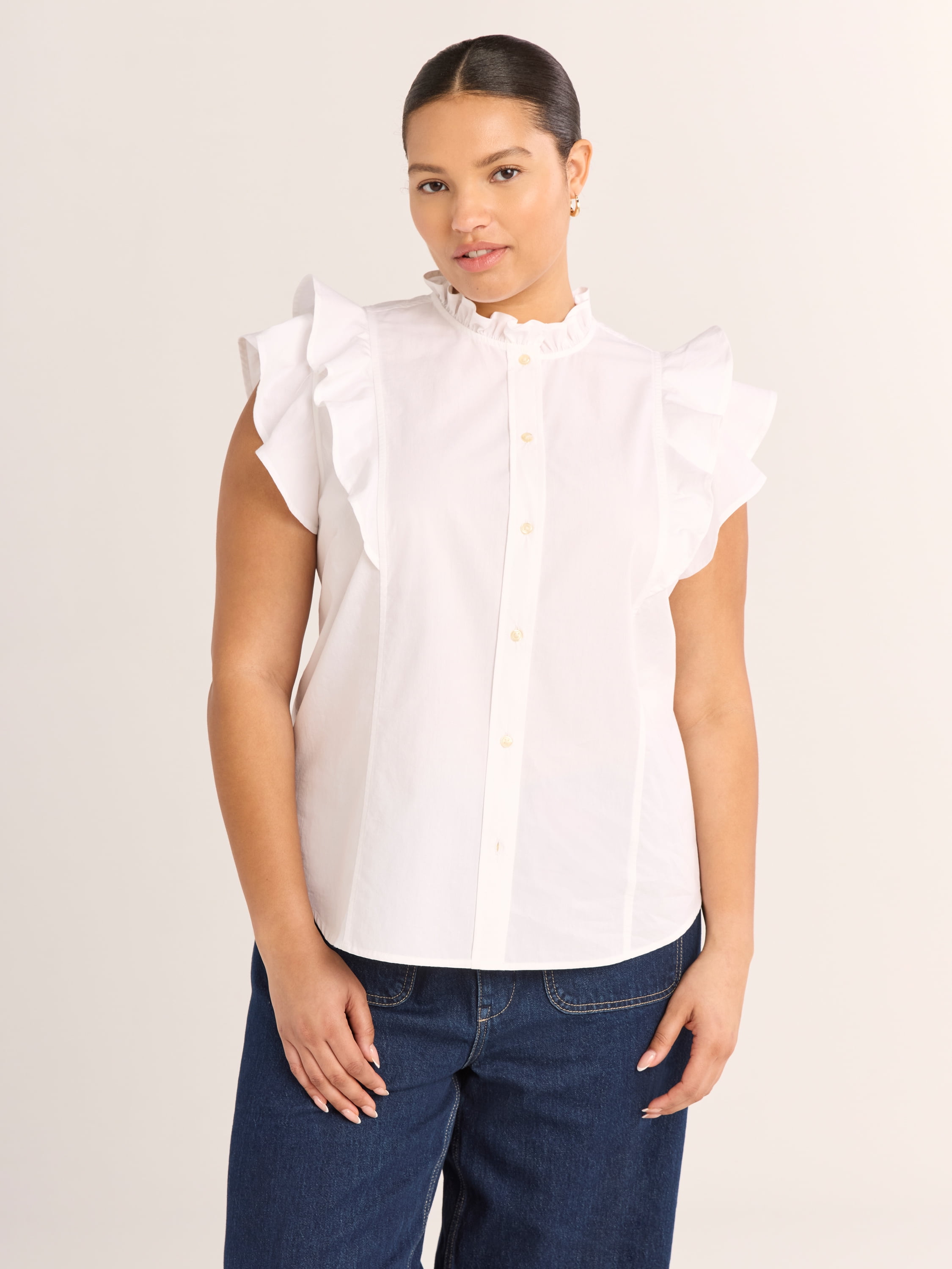 Free Assembly Women's and Women's Plus Size Button Front Ruffle Shirt ...