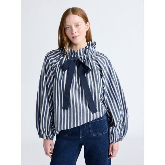 Free Assembly Women's and Women's Plus Size Ruffle Neck Cotton Top with ...