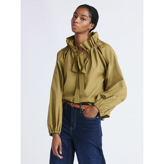 Free Assembly Women's and Women's Plus Size Ruffle Neck Cotton Top with ...