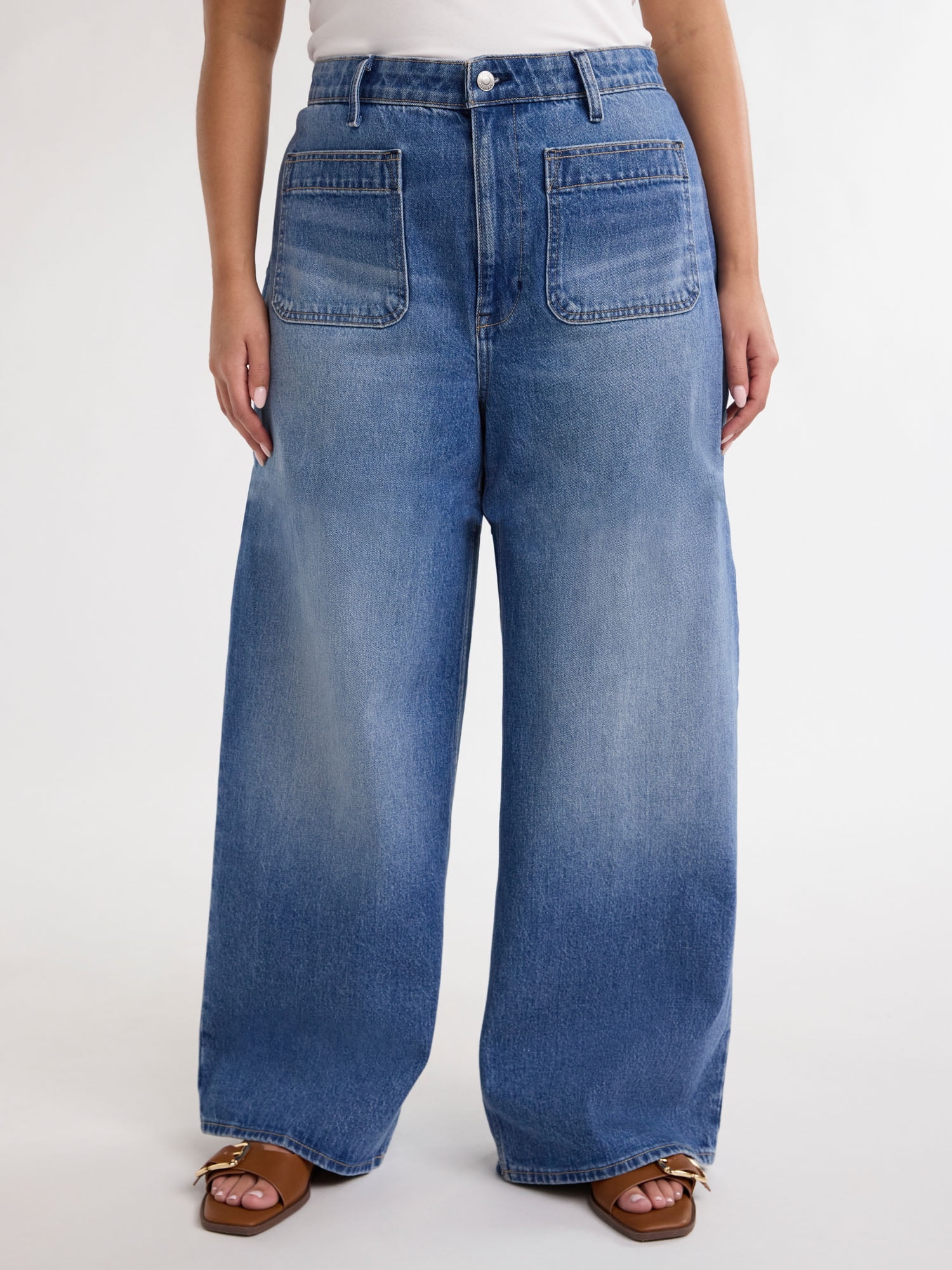 Free Assembly Women’s and Women's Plus Size Patch Pocket Wide Leg Jeans ...