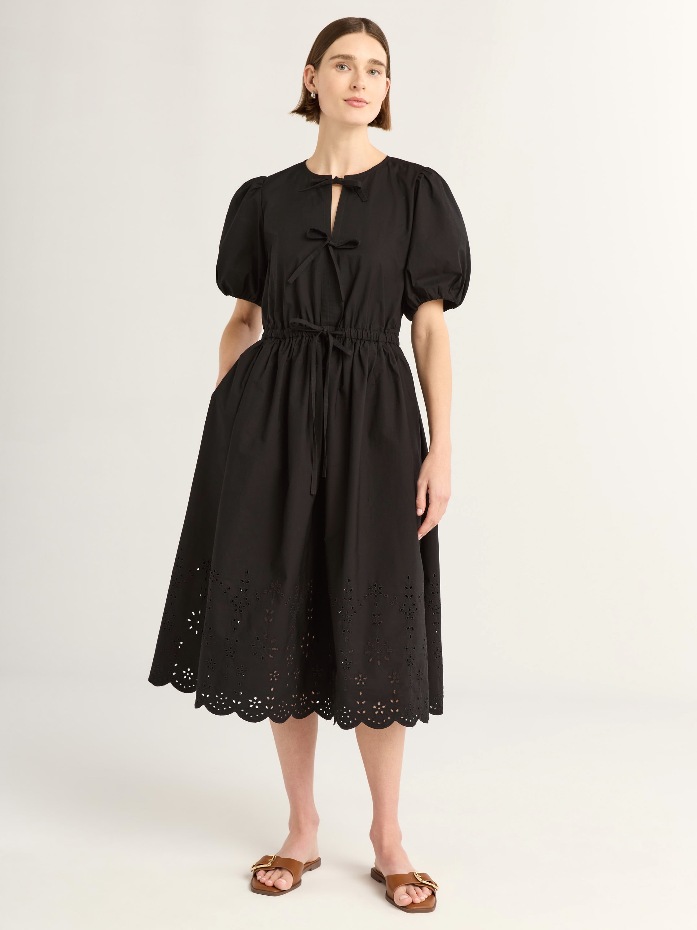 Free Assembly Women's and Women's Plus Tie Front Cotton Eyelet Midi ...