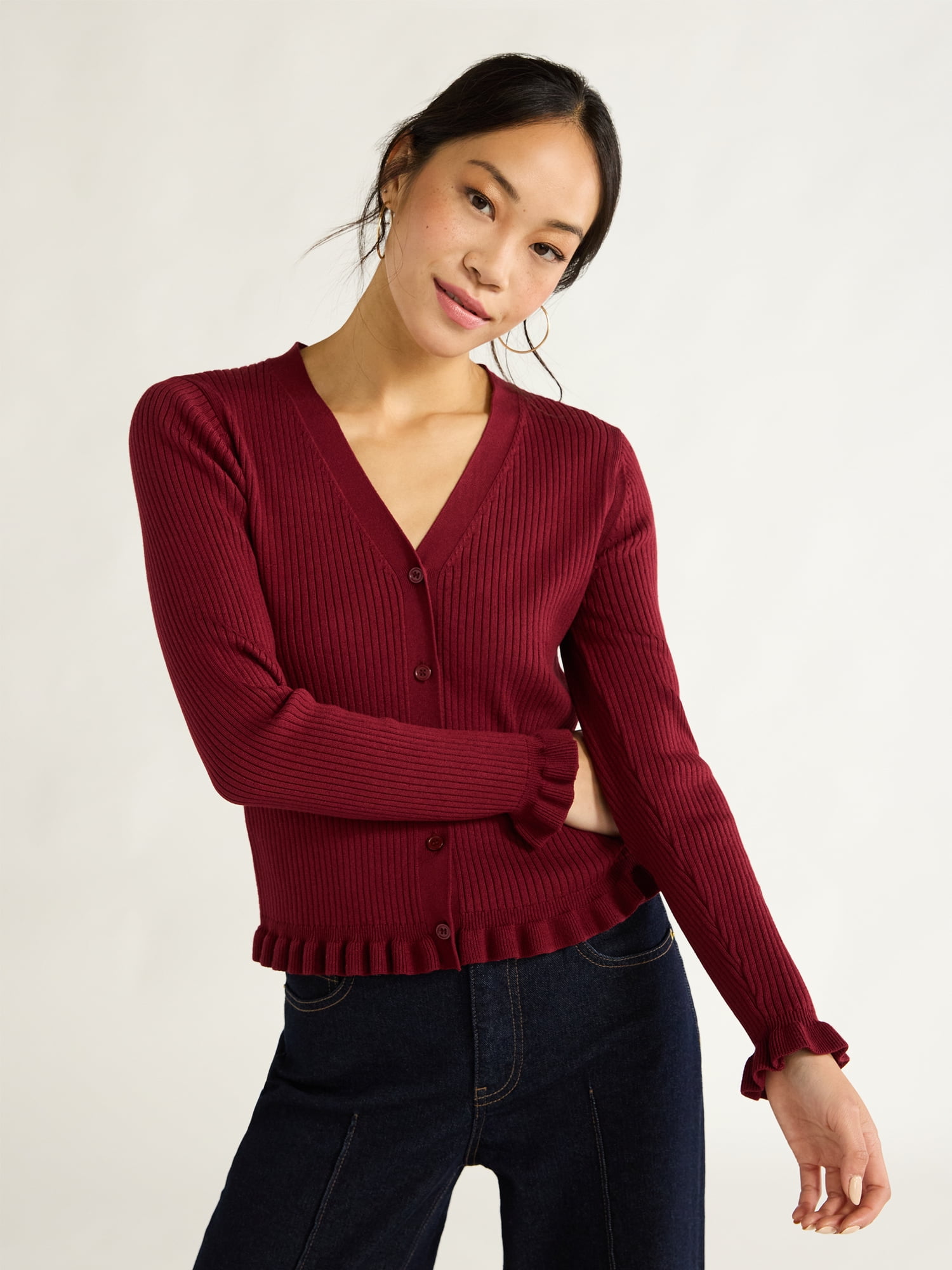 Free Assembly Women's Ruffle Hem Cardigan Sweater with Long Sleeves ...