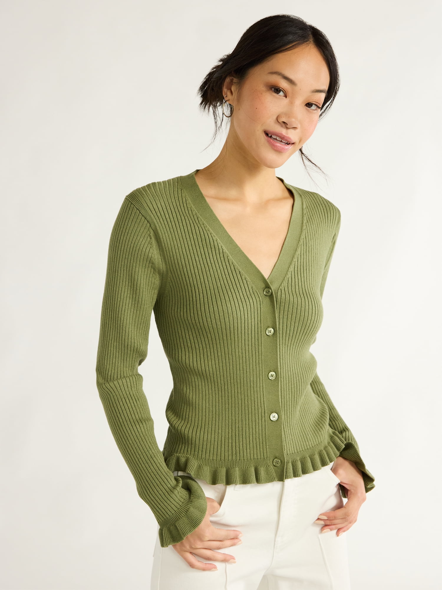 Free Assembly Women's Ruffle Hem Cardigan Sweater with Long Sleeves ...