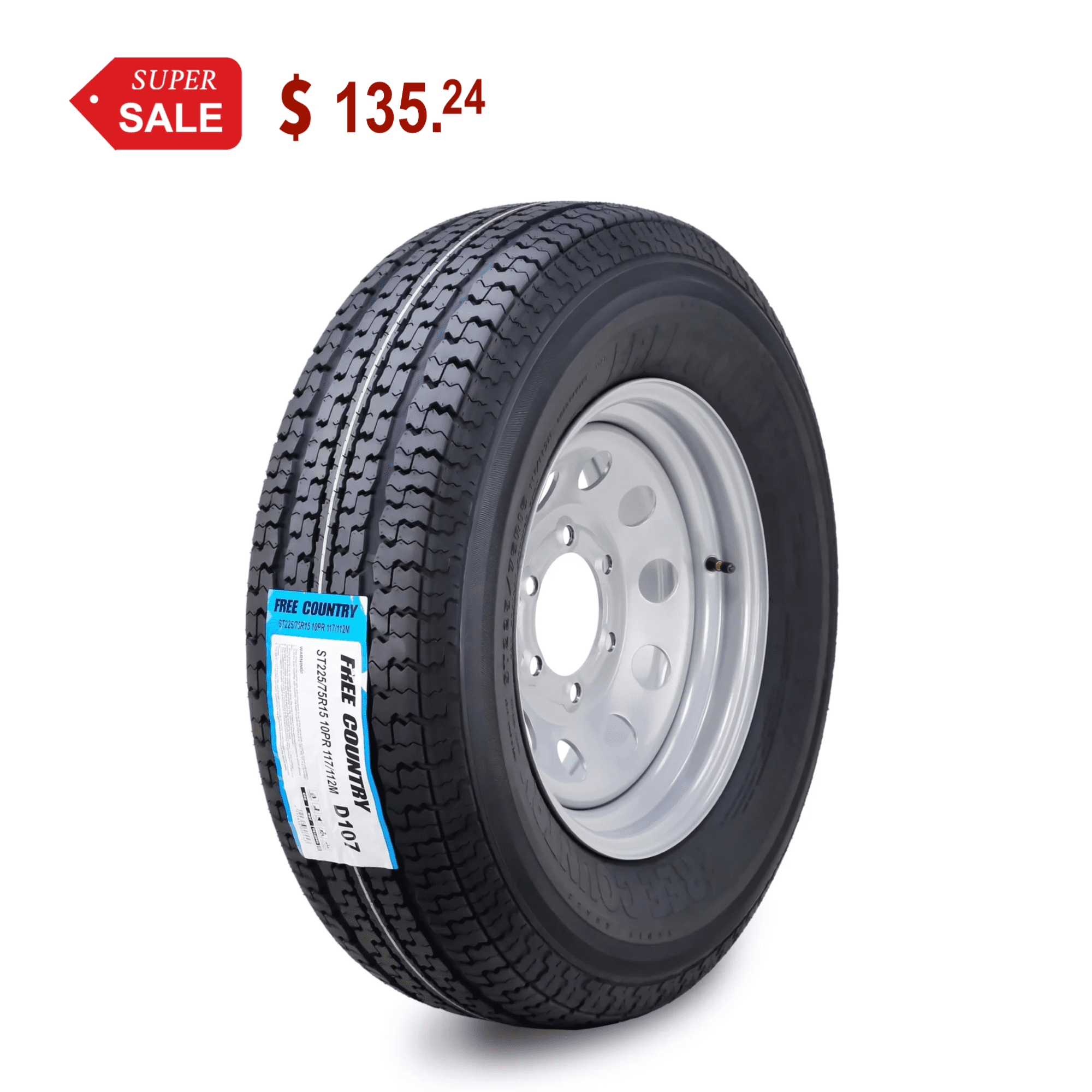 "Free Country ST225/75R15 Trailer Tire, 10-Ply E 117M, 6 Lug on 5.5 ...