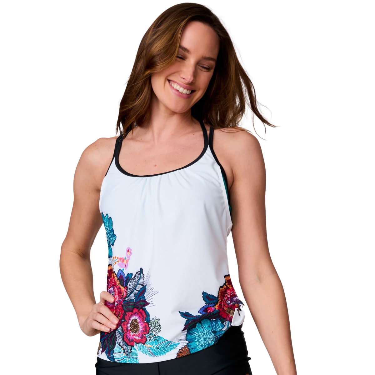 Free Country Women's Side Tie Blouson Tankini Top White Macrame Floral ...