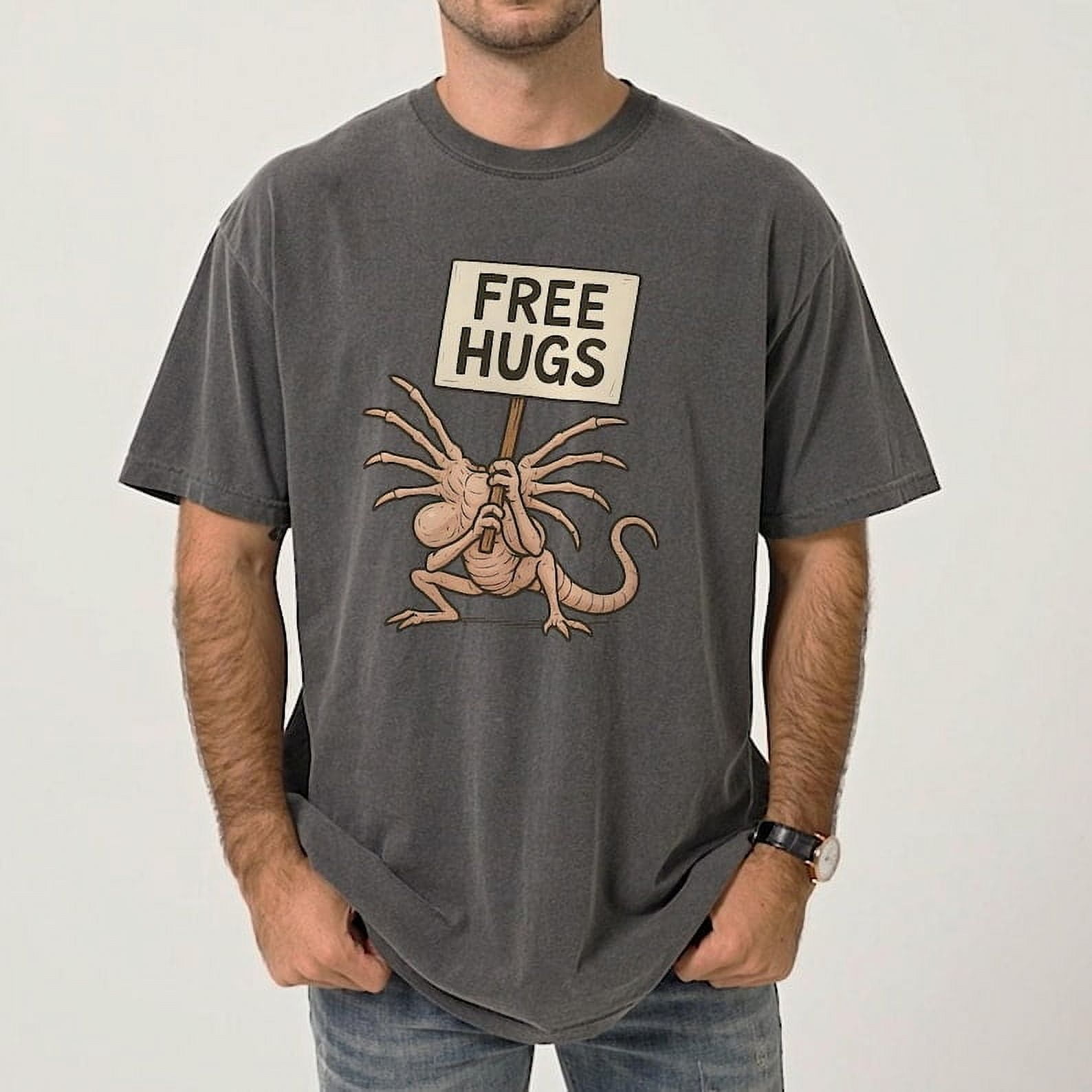 Free Hugs Alien Tee Funny Sci-Fi Facehugger Dark Humor Creepy Cute ...