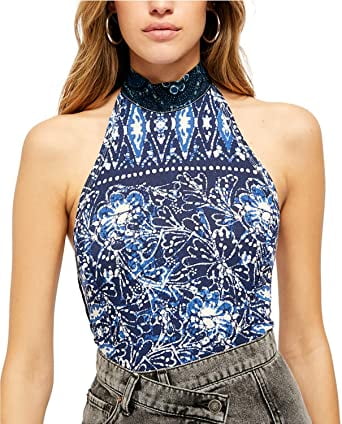 Free People Madagascar Printed Sleeveless Halter Neck Tank Top Navy M ...