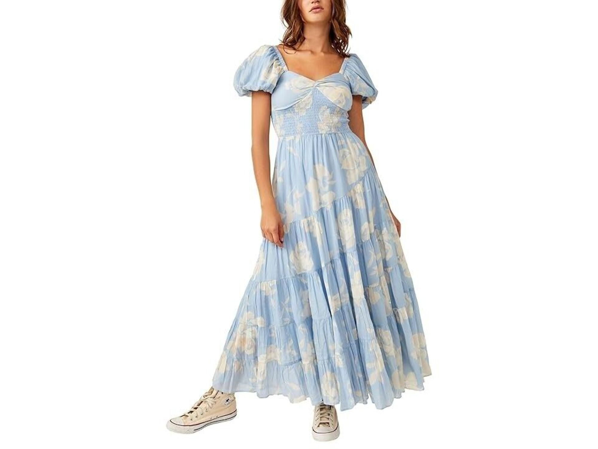 Free People Sundrenched Dress Womens Large Blue Floral Tiered Puff ...