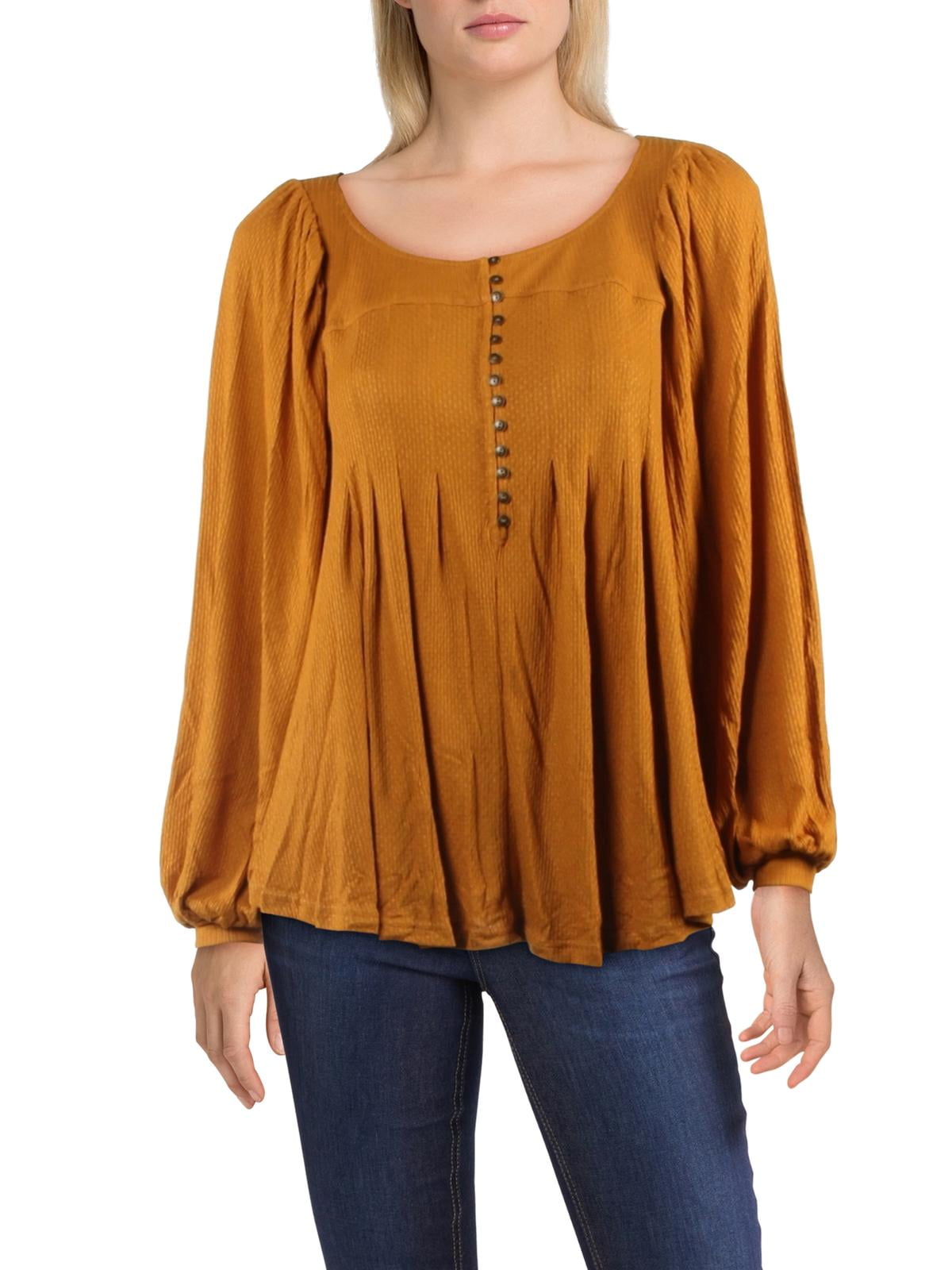 Free People Womens Devin Ribbed Knit Blouson Sleeves Henley Top ...
