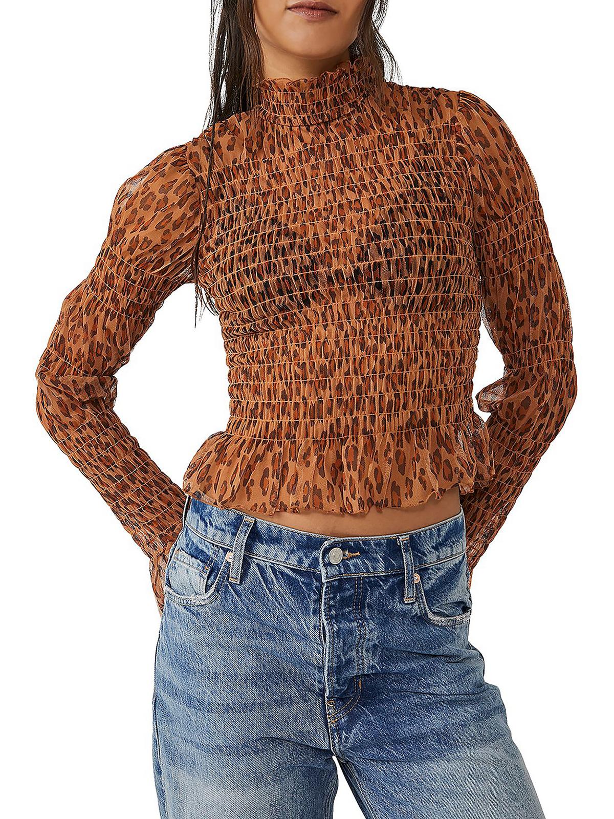 Free People Womens Hello There Animal Print Smocked Blouse - Walmart.com