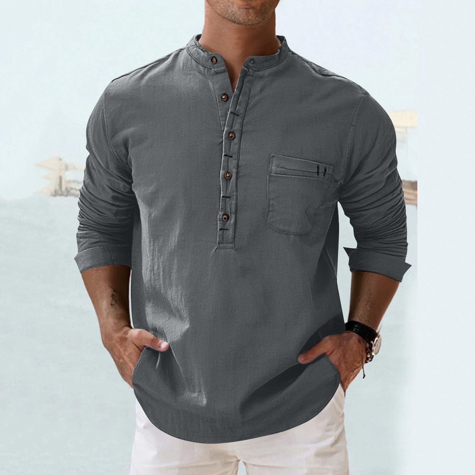 Free Shipping Men's Linen Henley Shirt Long Sleeve Fashion Casual ...