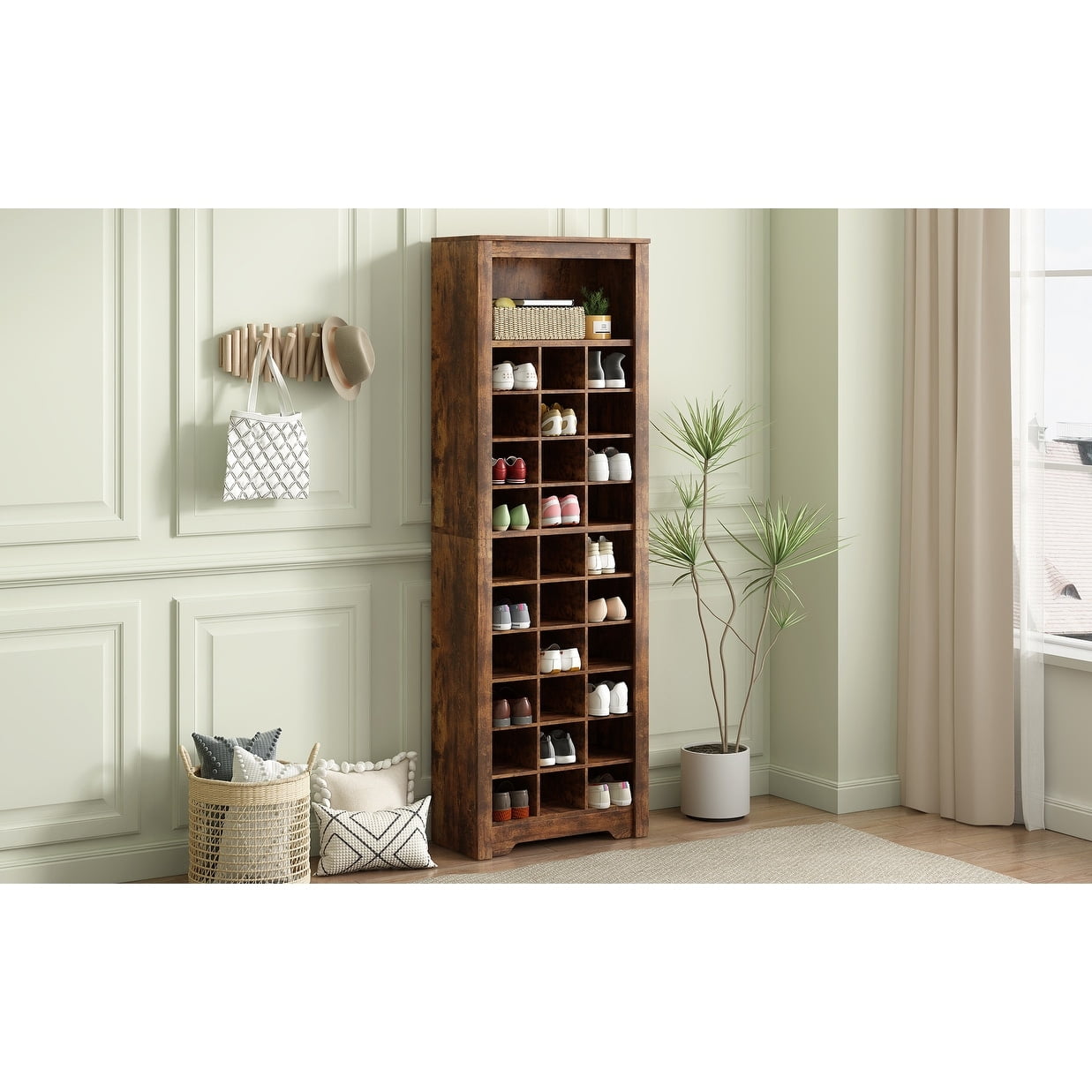 Free Standing 30 Shoe Cubby Console with Multiple Storage Capacity ...